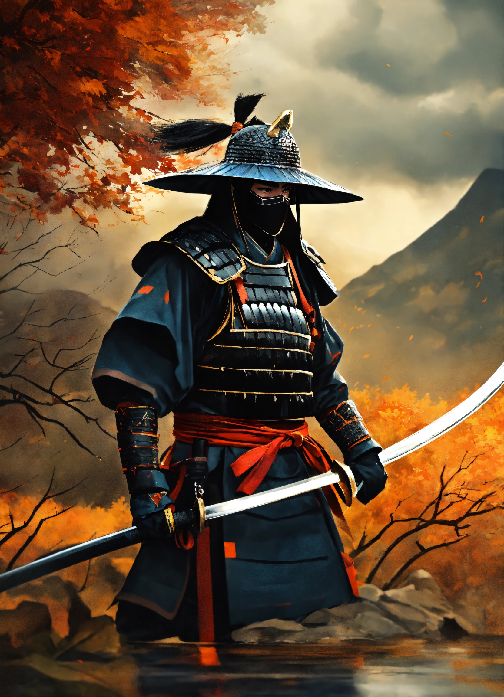 Lexica - Abstract art. Samurai with black mask. Autumn storm.