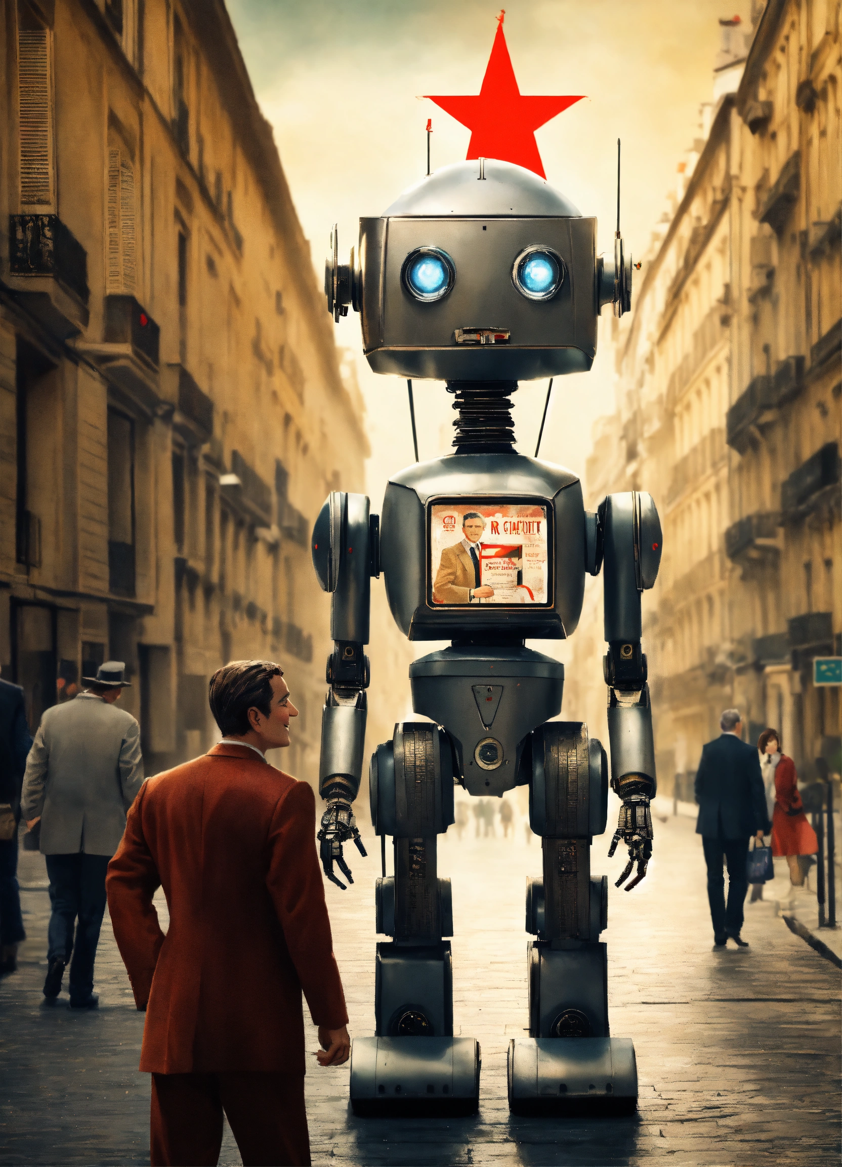 Lexica - Old movie poster of a robot with a smiling CIA analyst man ...