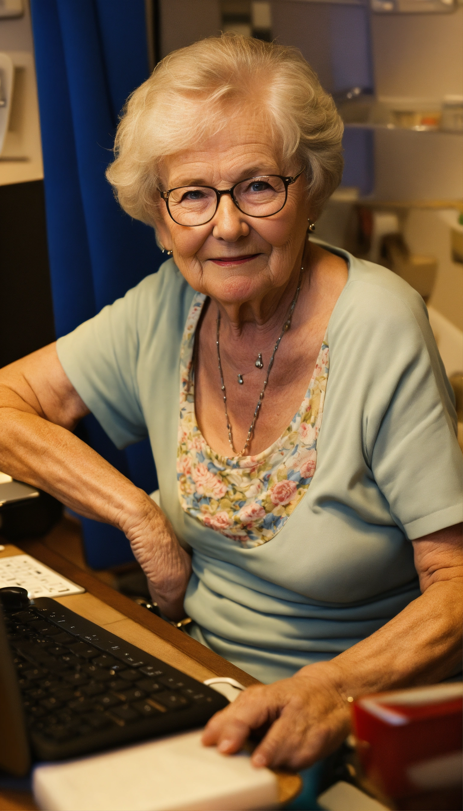 Lexica - British grandma, aged 70, she is sat at her computer looking ...