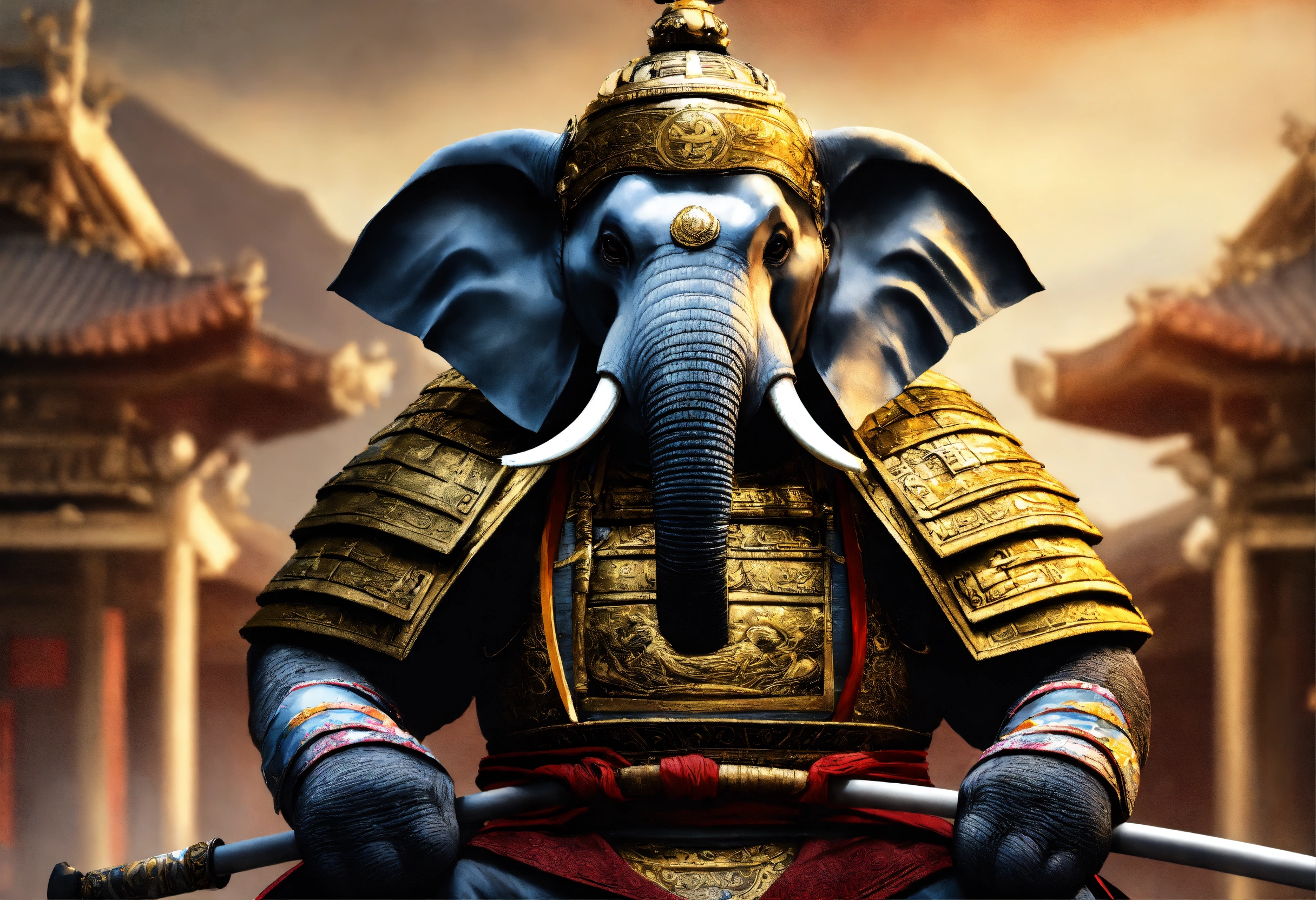 Lexica - Elephant samurai with arms. Ancient temple. Hyper realistic.