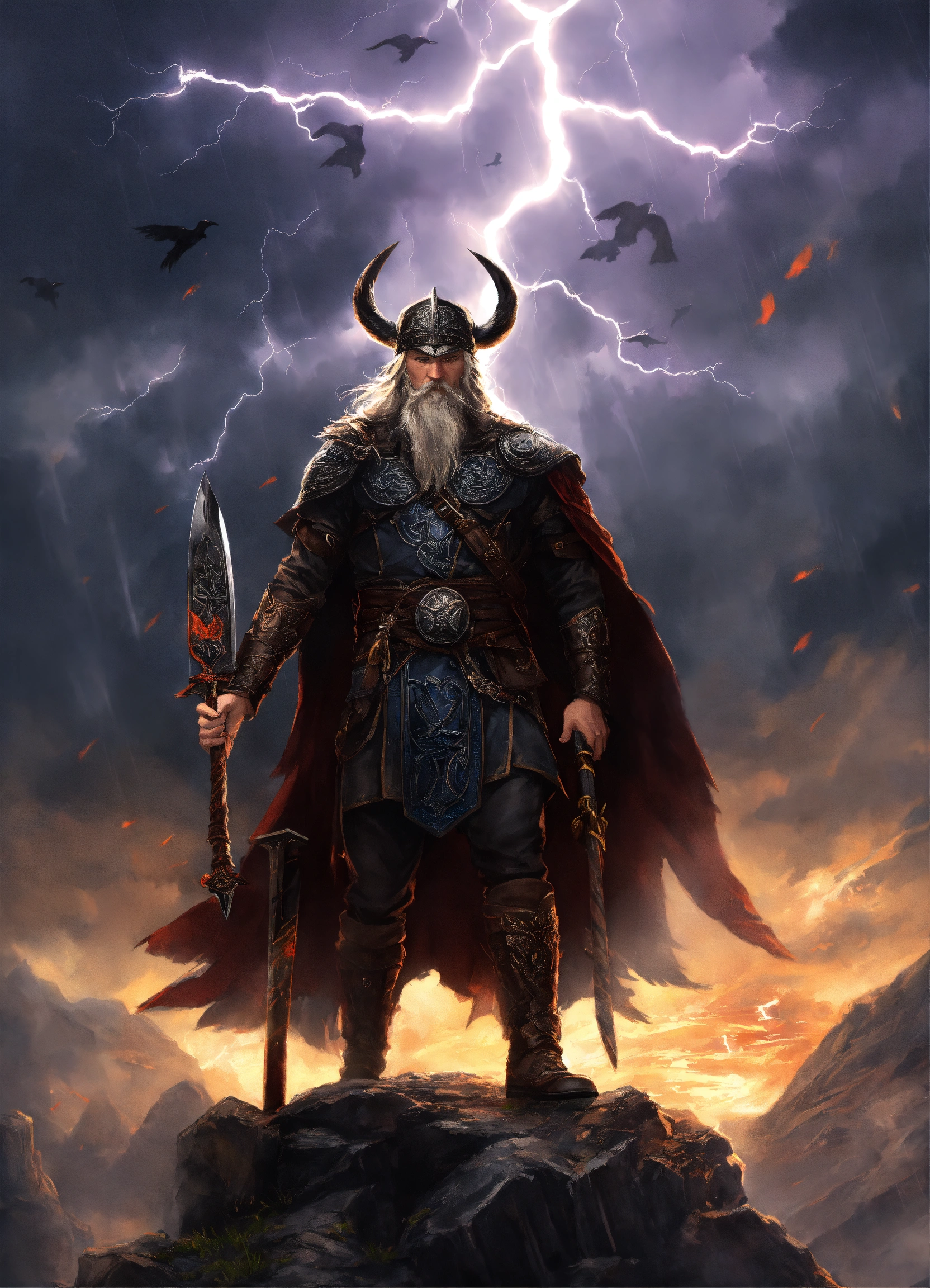 Lexica - Odin, axes, ravens in background, dramatic, lightning, warrior ...