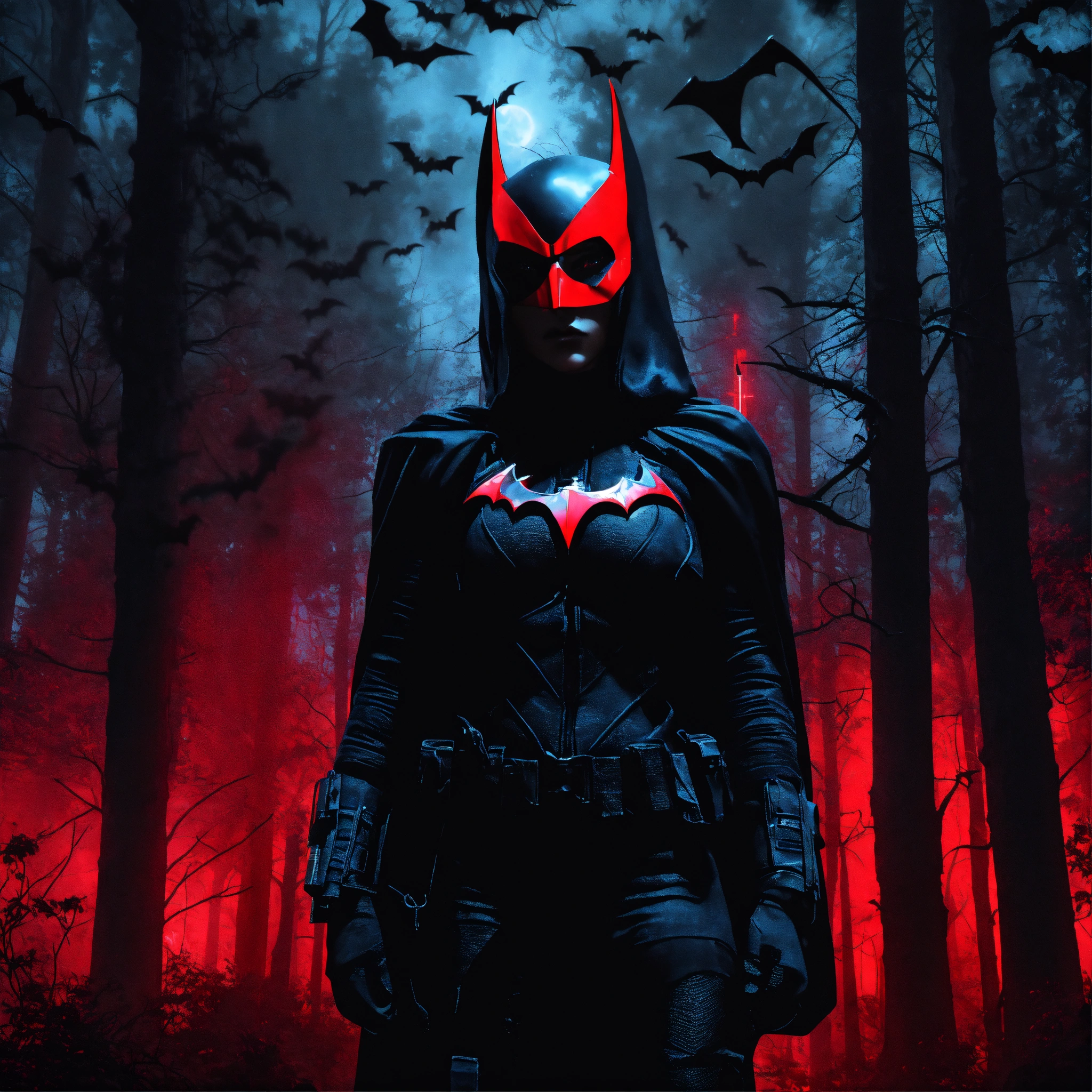 Lexica - Eerie girl in a hero-like red mask, (pitch black bat-like ...