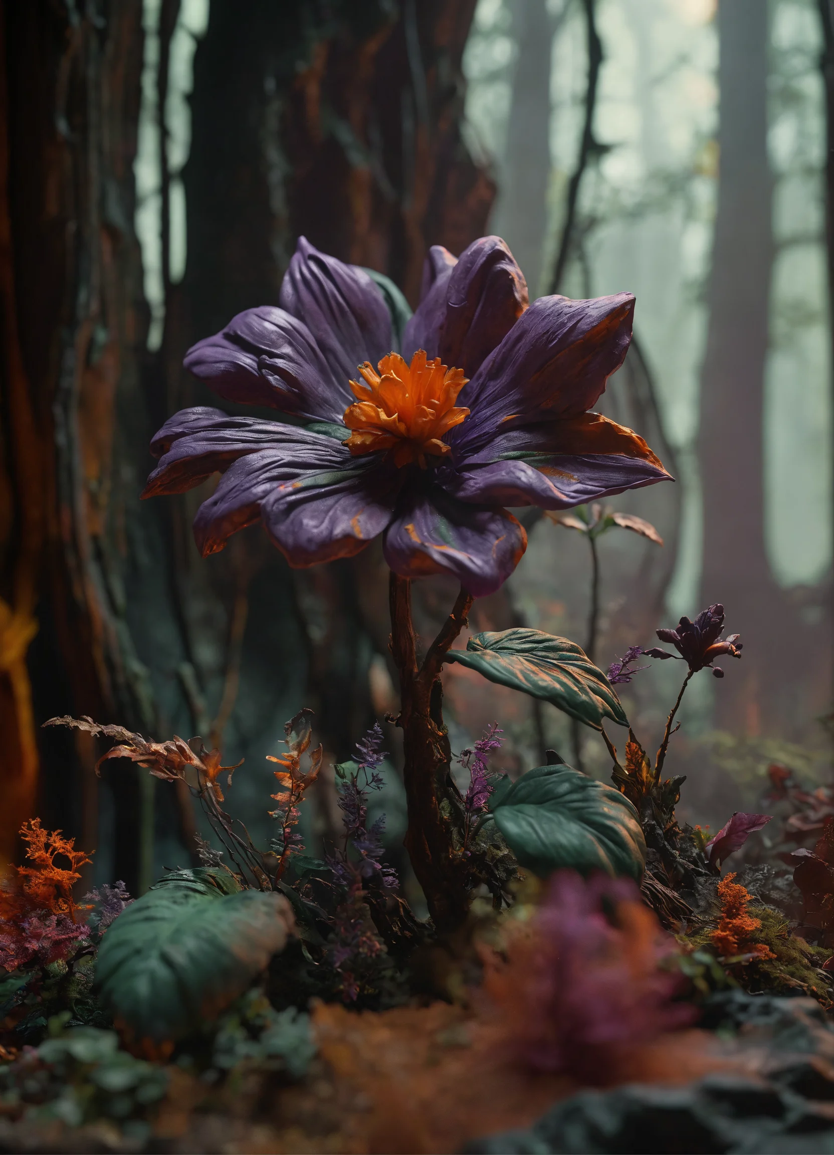 Lexica - A beautiful purple flower in a dark forest, in the style of ...