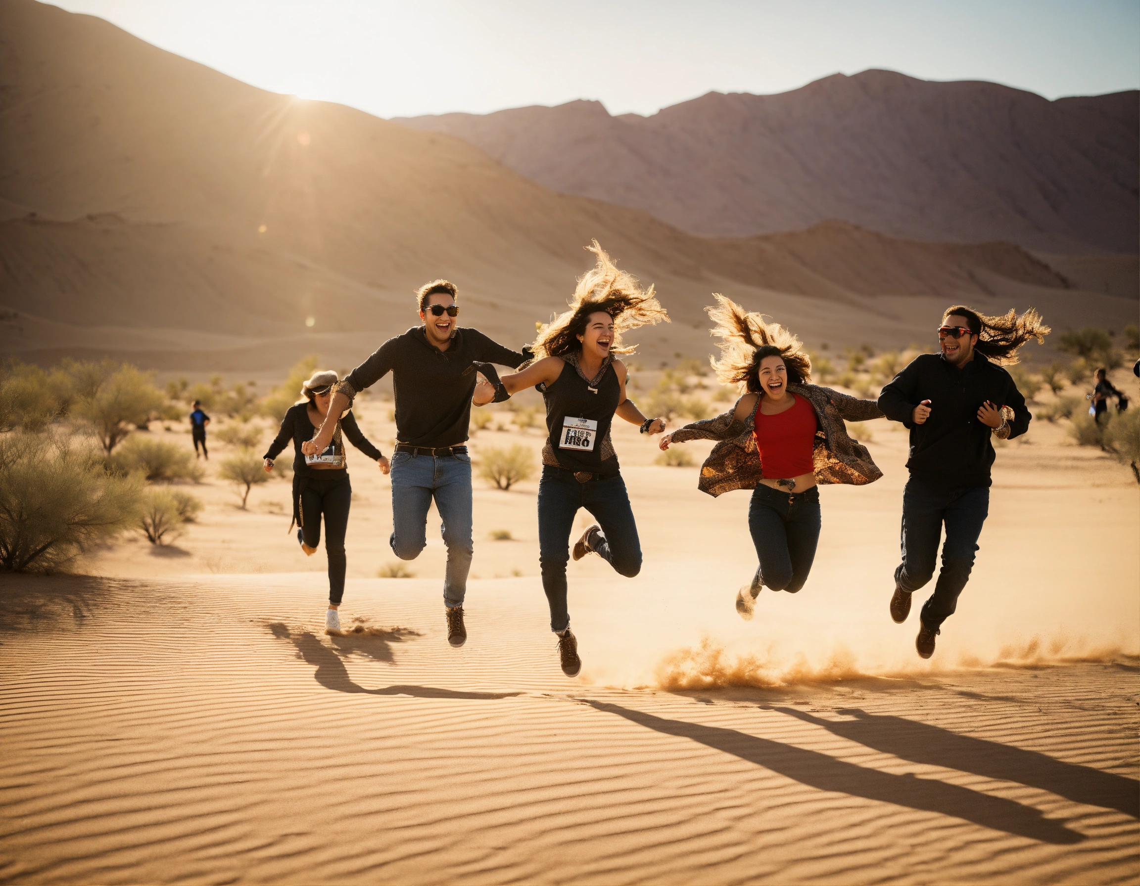 Lexica - Excited crowd jumping in the desert air.