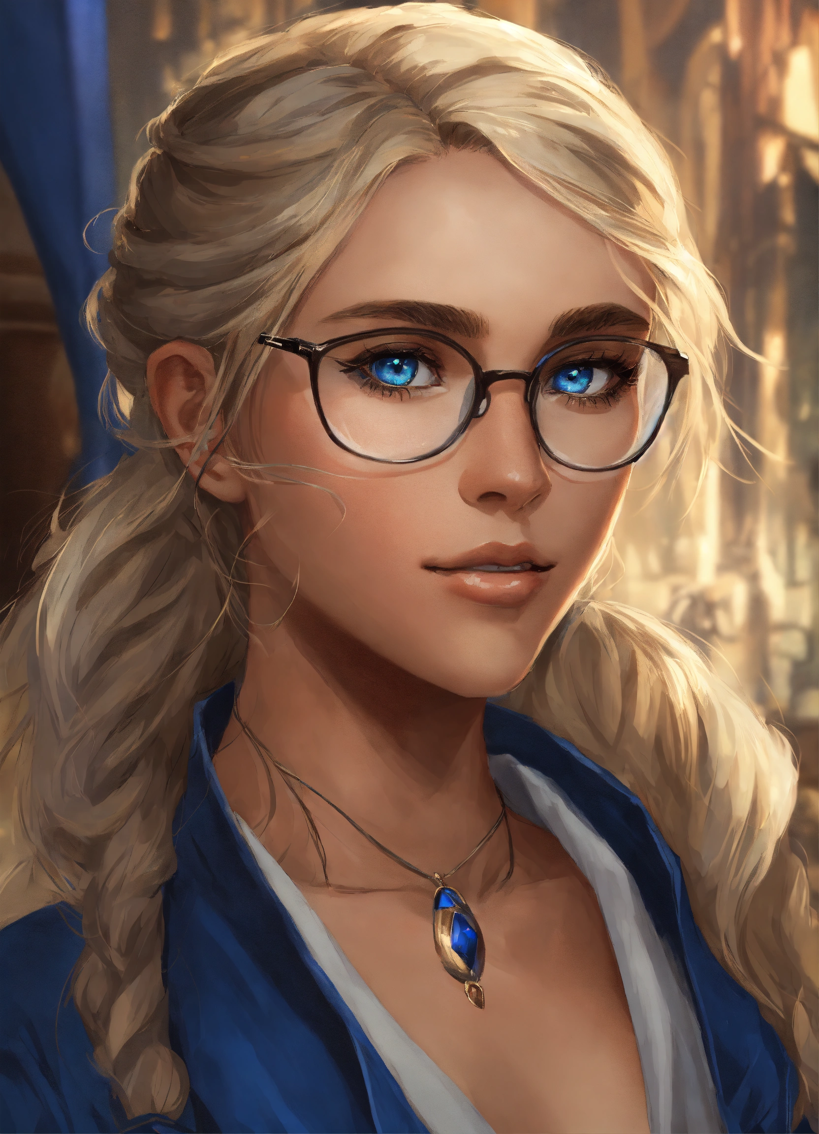 Lexica - A Female half elf with very tanned skin, wearing glasses with deep azure blue eyes ...