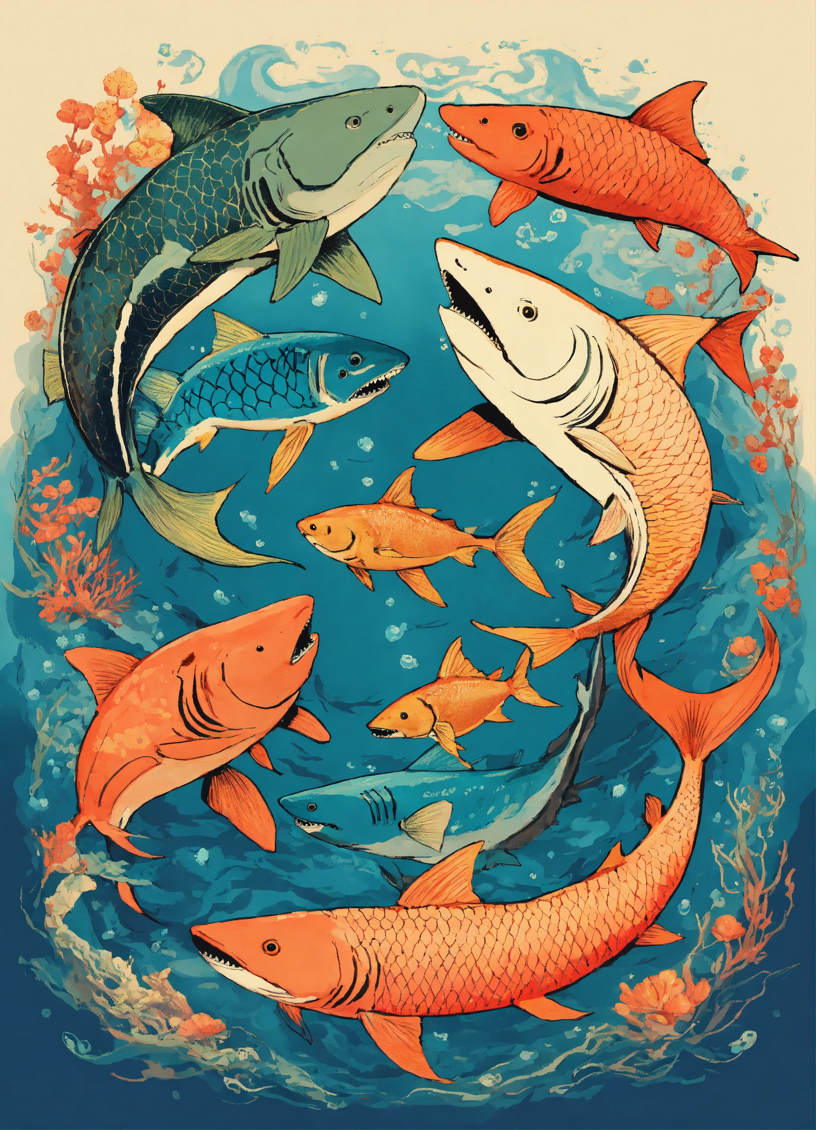 Lexica - Fishes and sharks swiming and forming a perfect circle ...