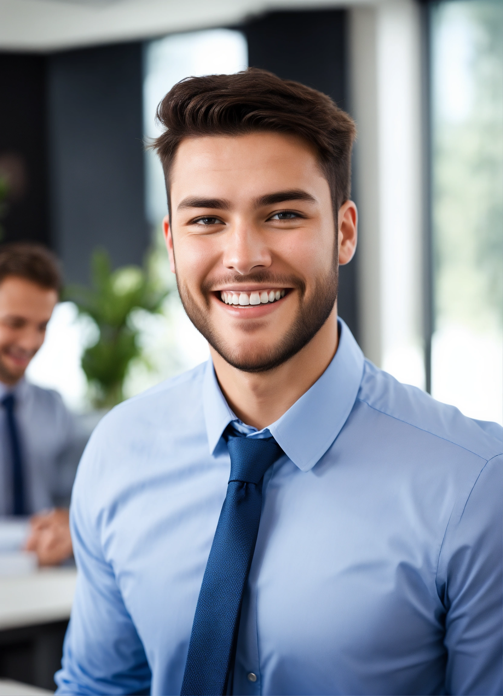 Lexica - A happy young male employee in suite, welcoming a customer in ...