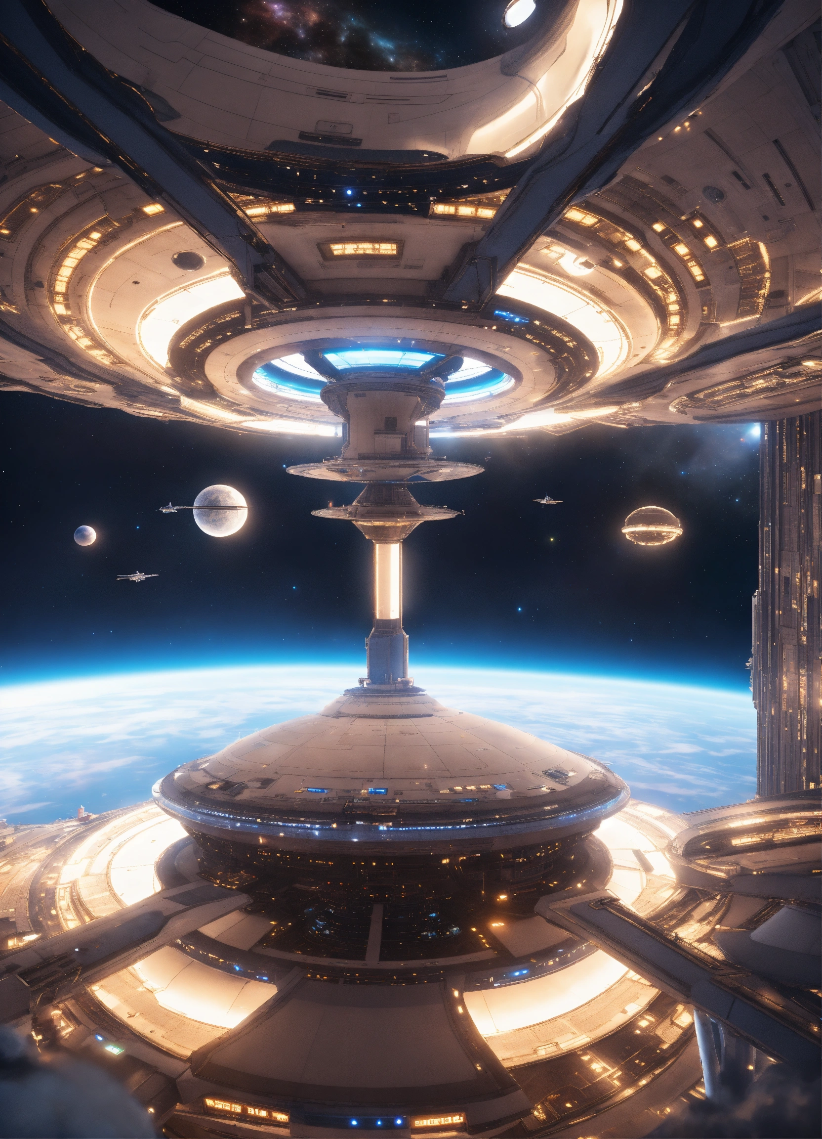 Lexica - Beautiful white spaceport flying floating in deep space ...