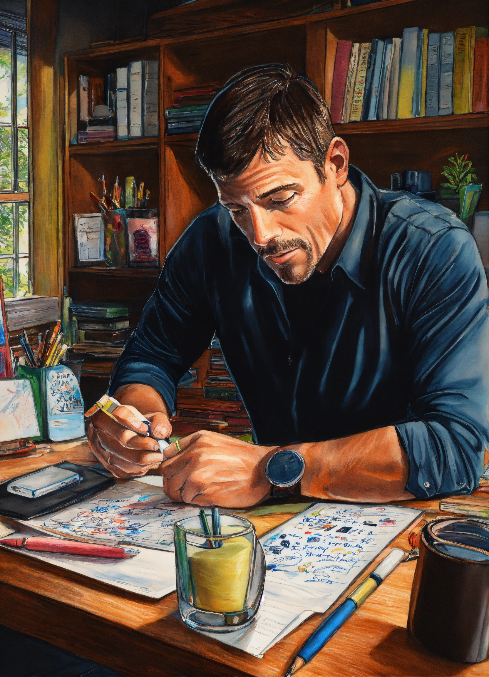 Lexica - A hand drawn painting of a Tony Robbins writing his blog post ...