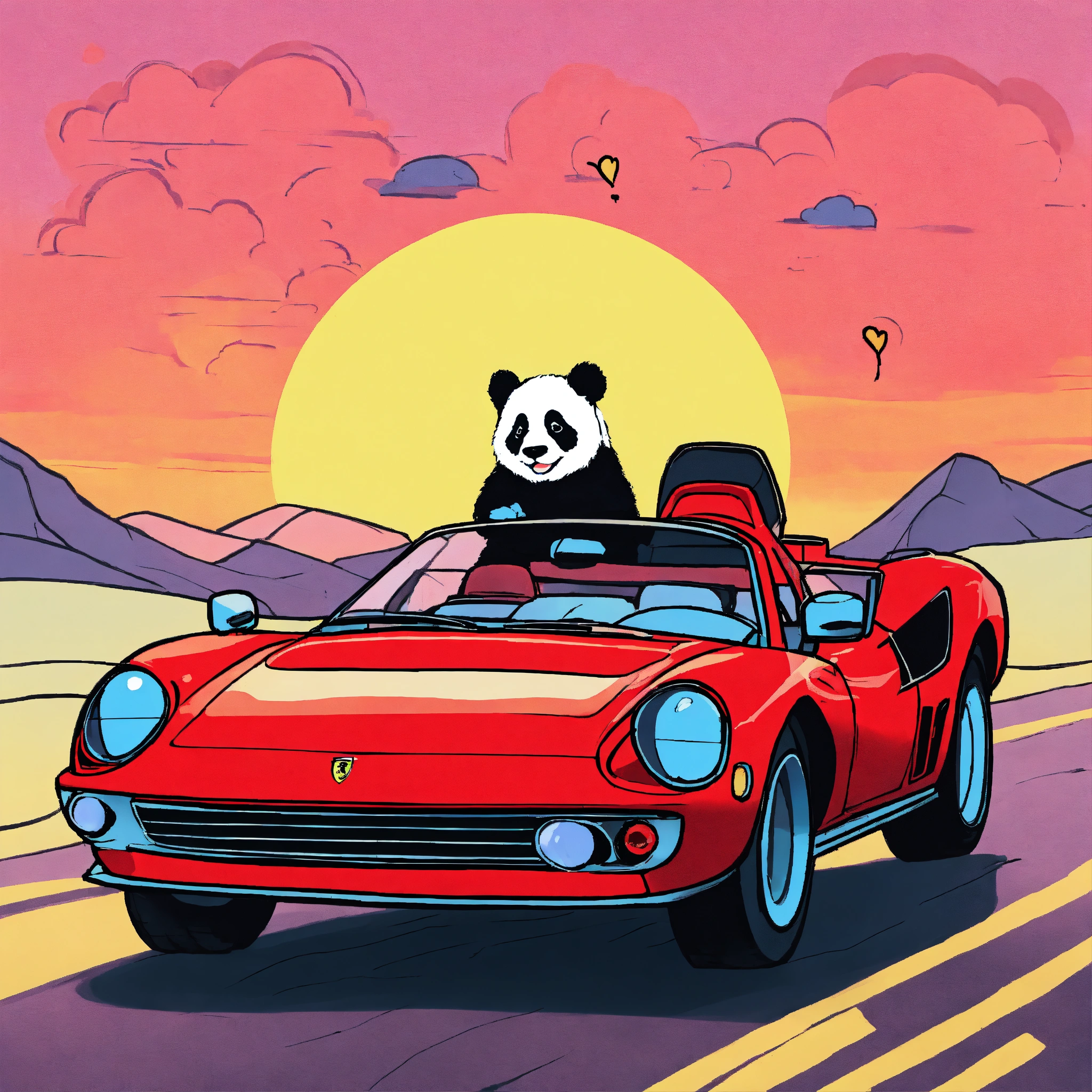 Lexica - Drawing of a panda driving a ferrari at sunset listening to ...