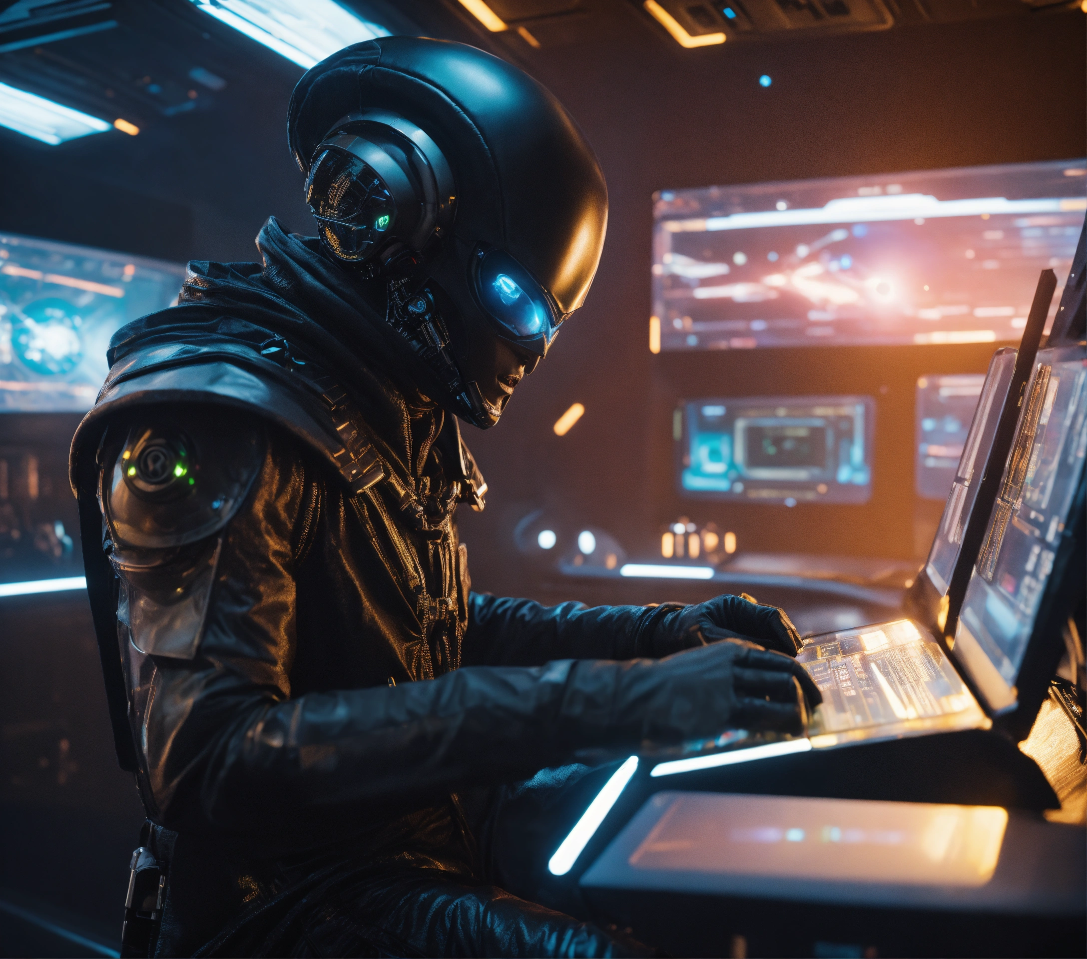 Lexica - Alien mutant half cyborg hacker, wearing a futuristic black ...