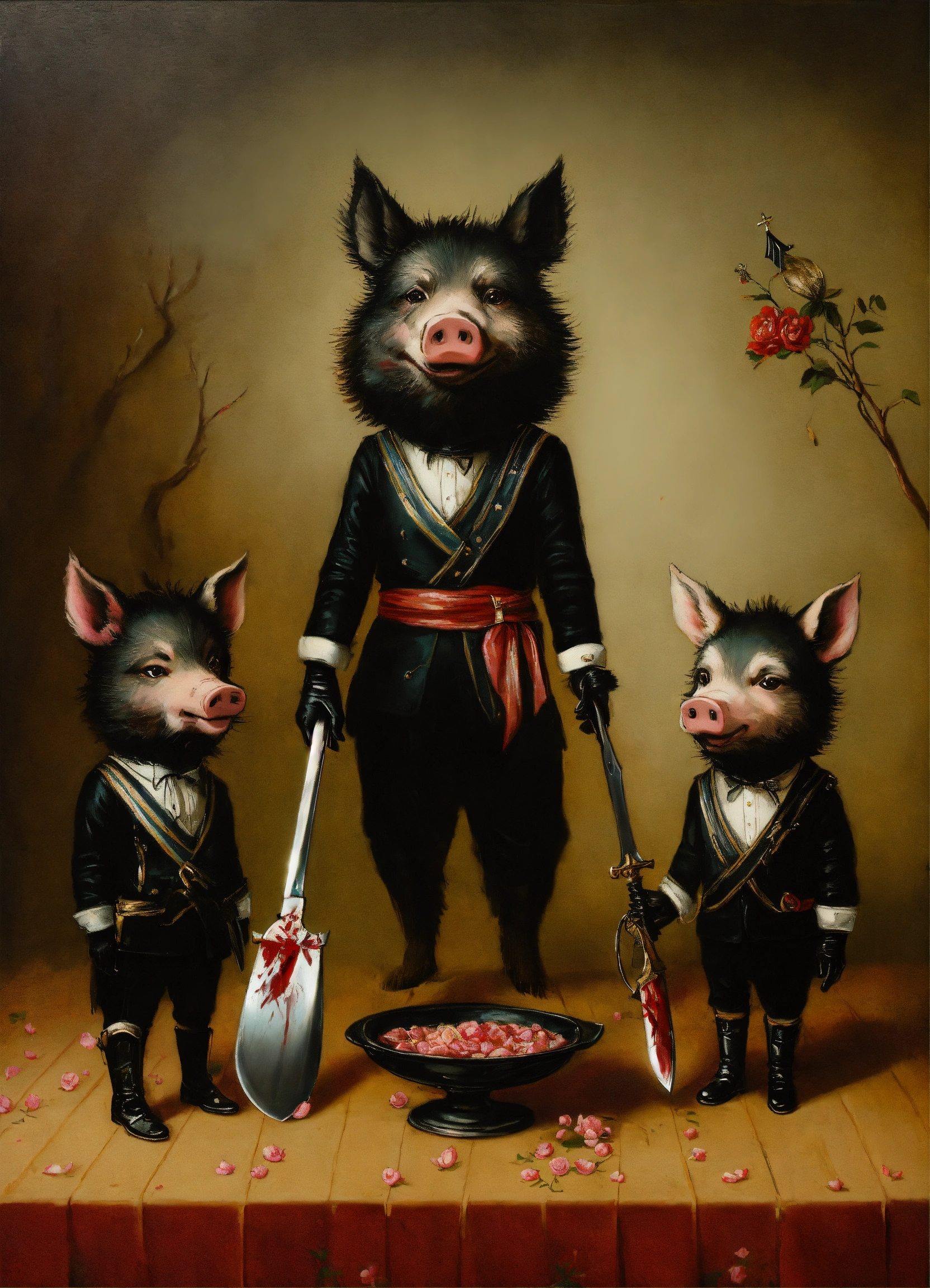Lexica - The Three Little Pigs whit knifes covered in black paint, dead ...