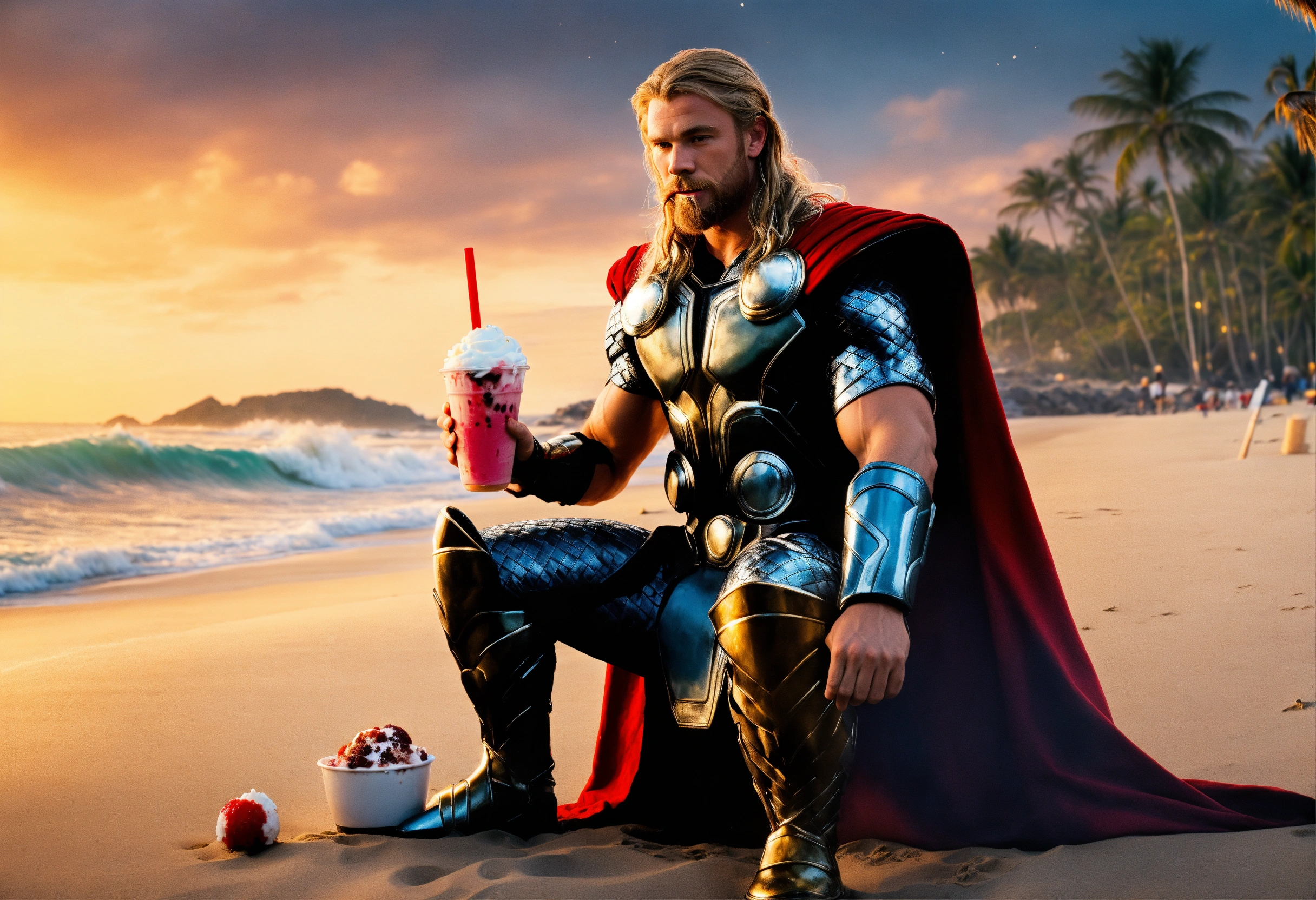 Lexica - Thor, sentado na praia, comendo sorvete e milkshake 8k