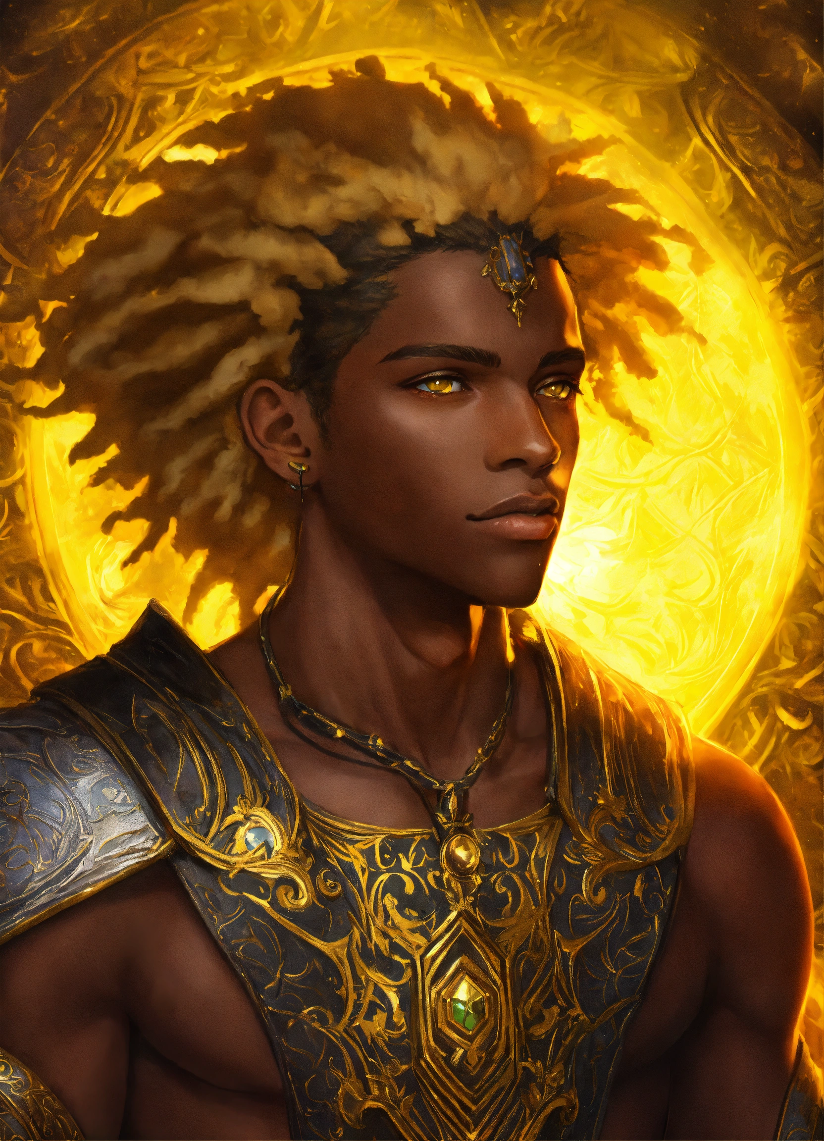 Lexica - A black male sun elf with hazel eyes, medium wazy yellow hair