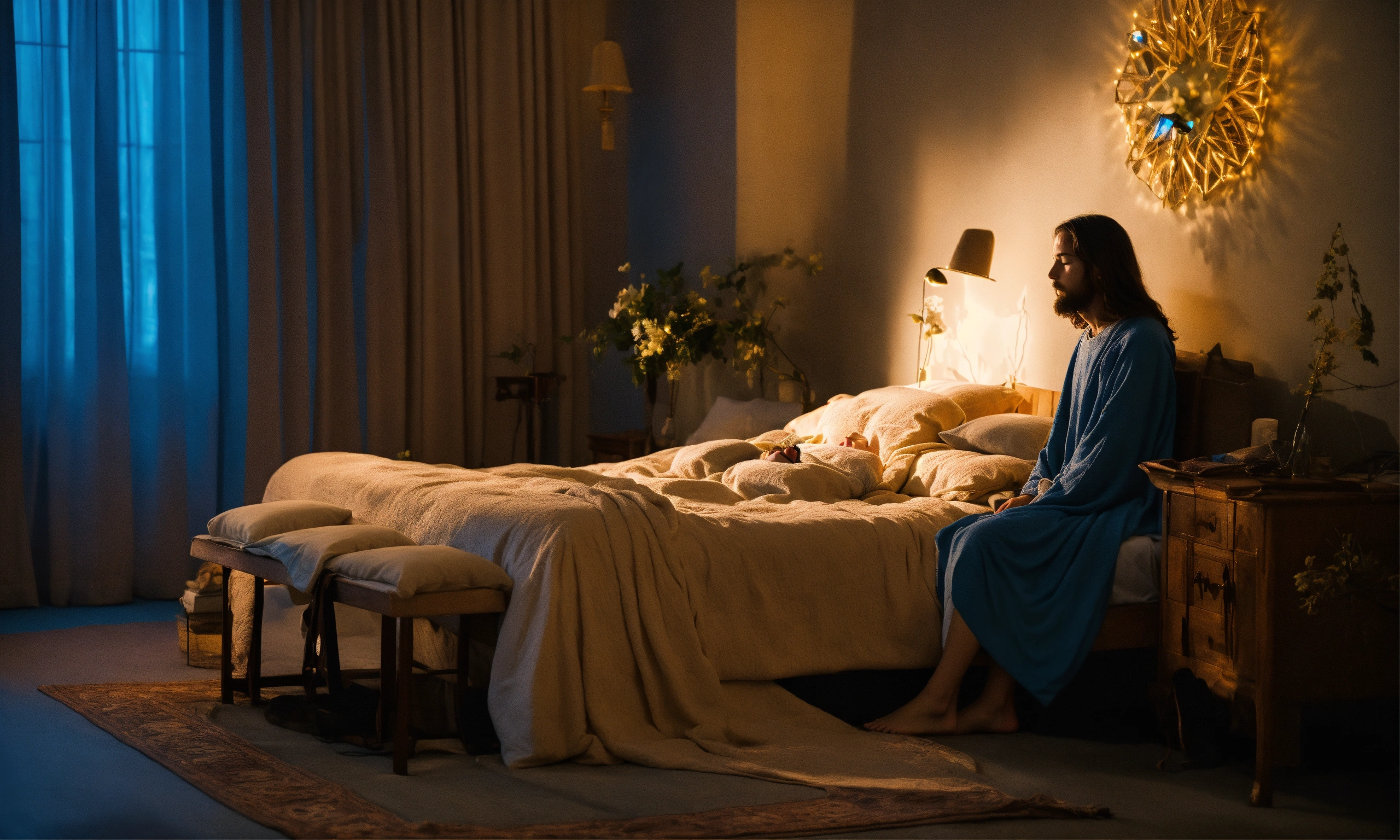 Lexica - Jesus christ watching a woman sleeping on the bed, blue light ...