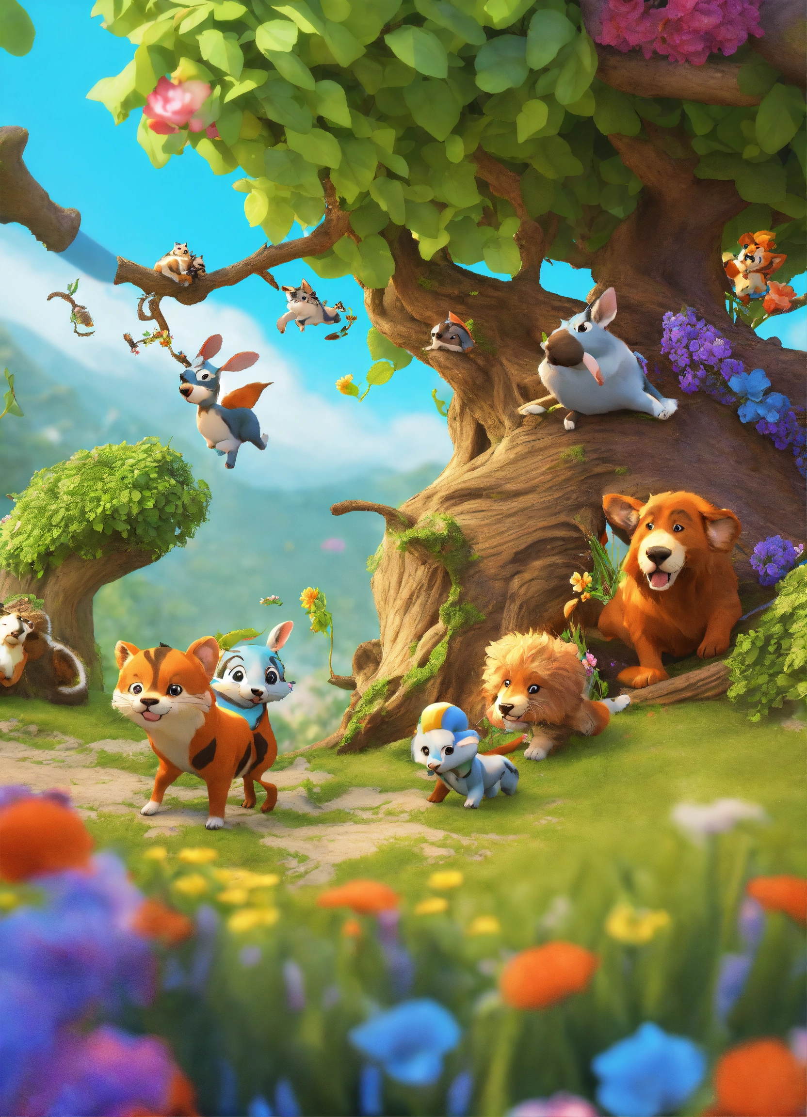 Lexica - Animals fighting humans, flowers, colorful, wind, walls of ...