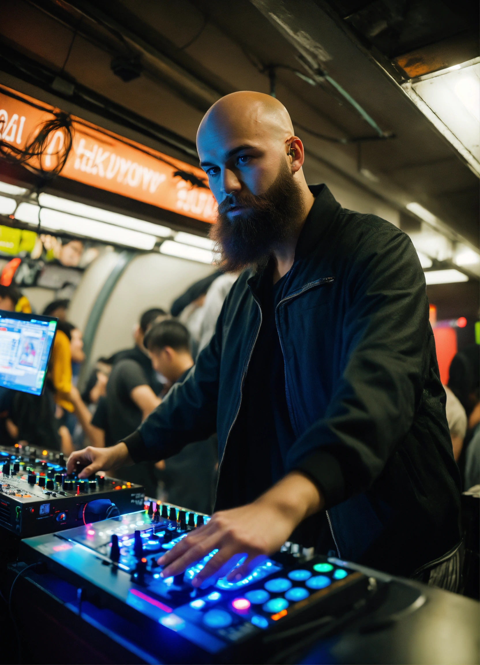Lexica - A young bald man with beard halloween. dj behind the dj booth ...