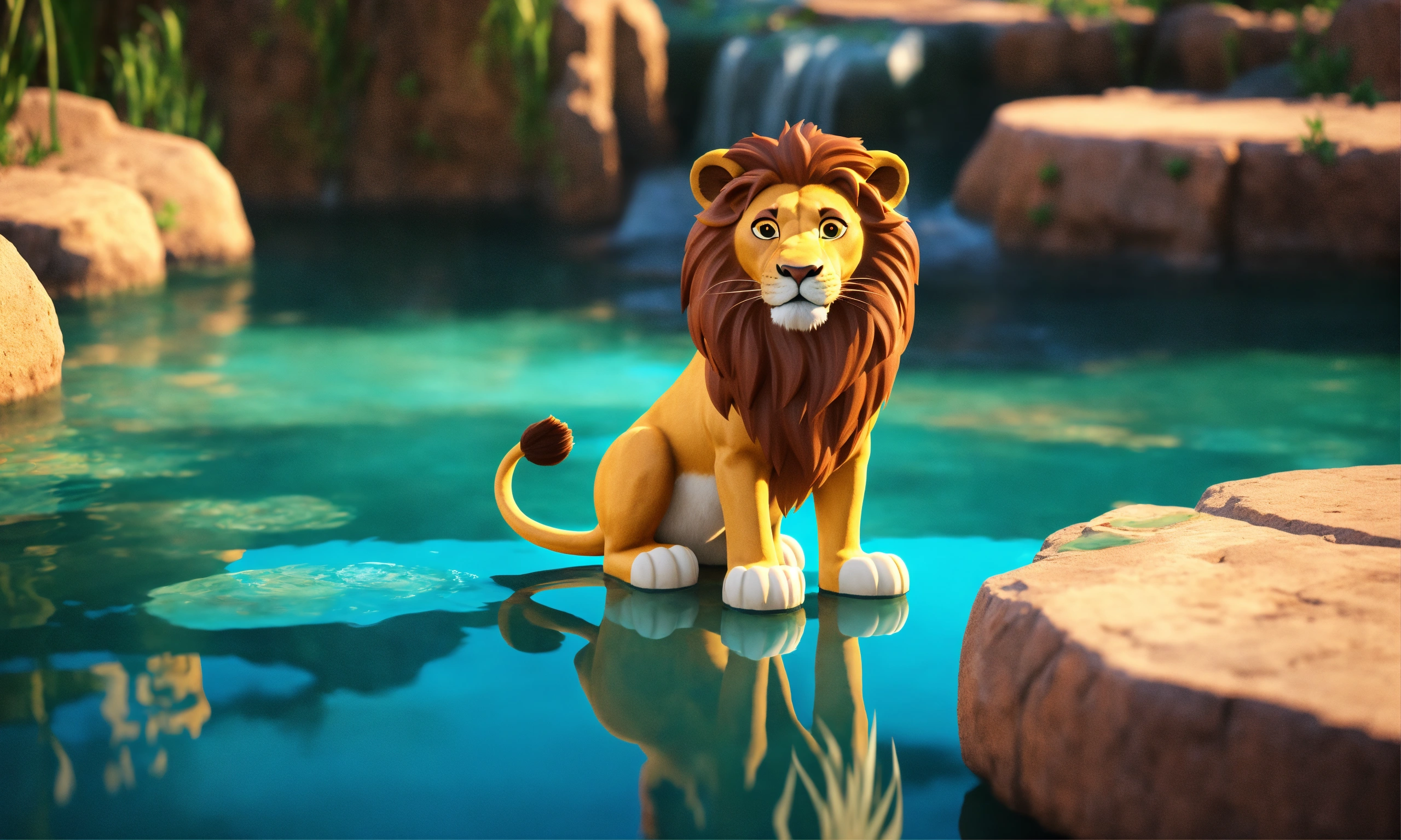 Lexica - 3d animation style cartoon lion seating at the edge of blue ...