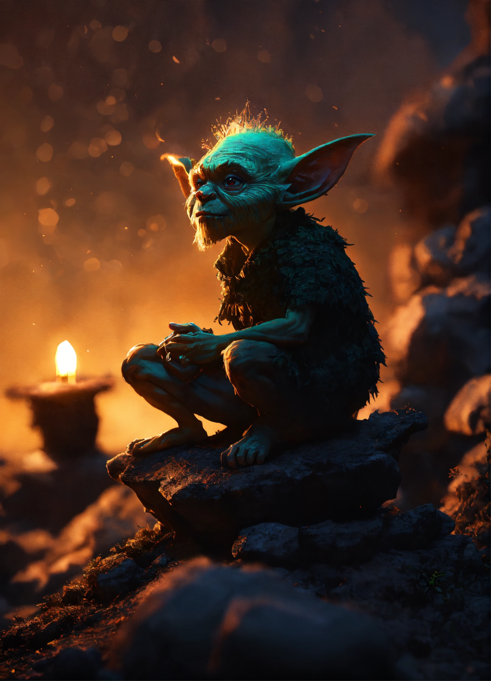 Lexica - A small goblin with long beard, sitting on termite mound ...
