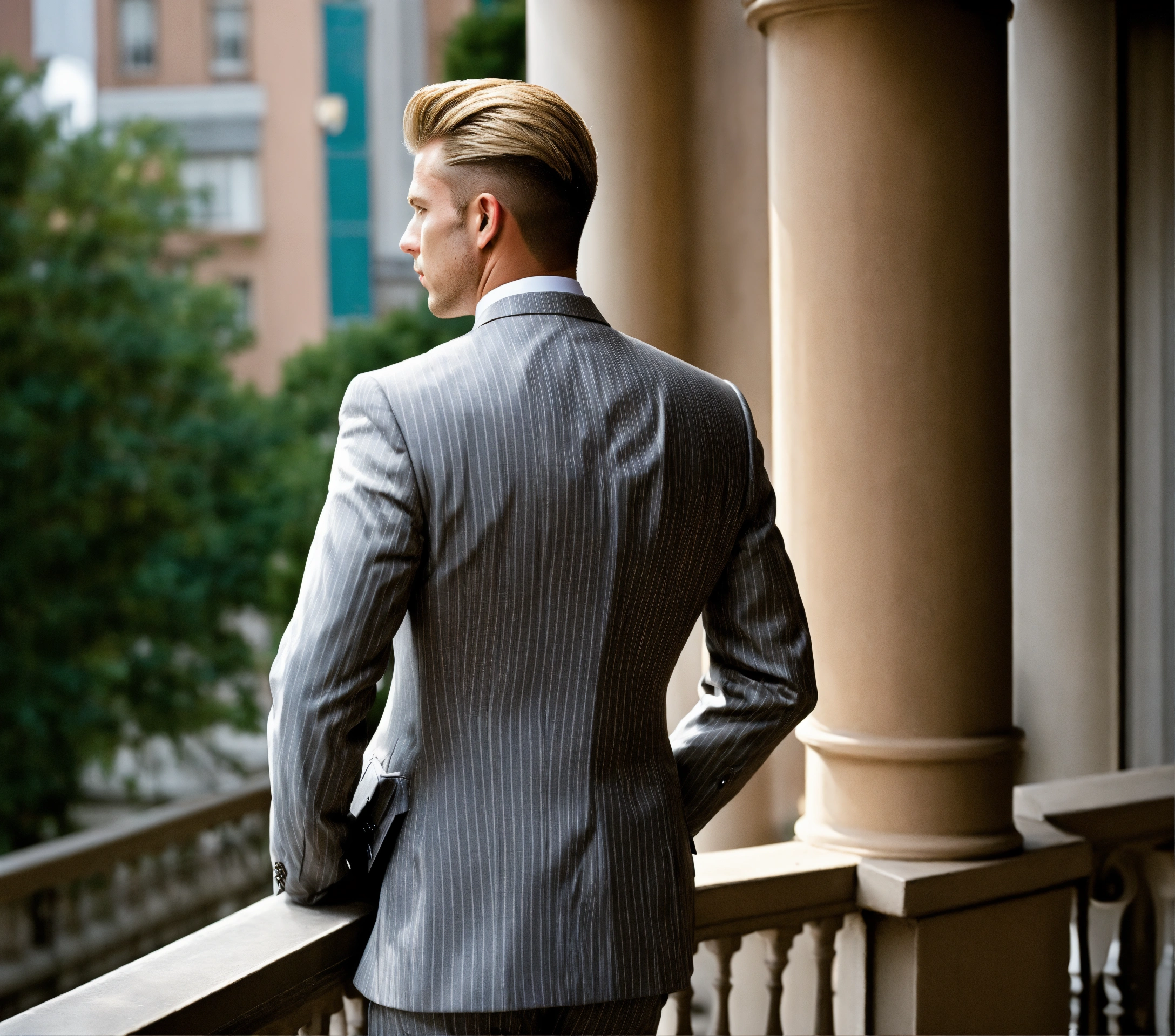 Lexica - Back side, a blonde male banker, light grey pinstripe vested ...