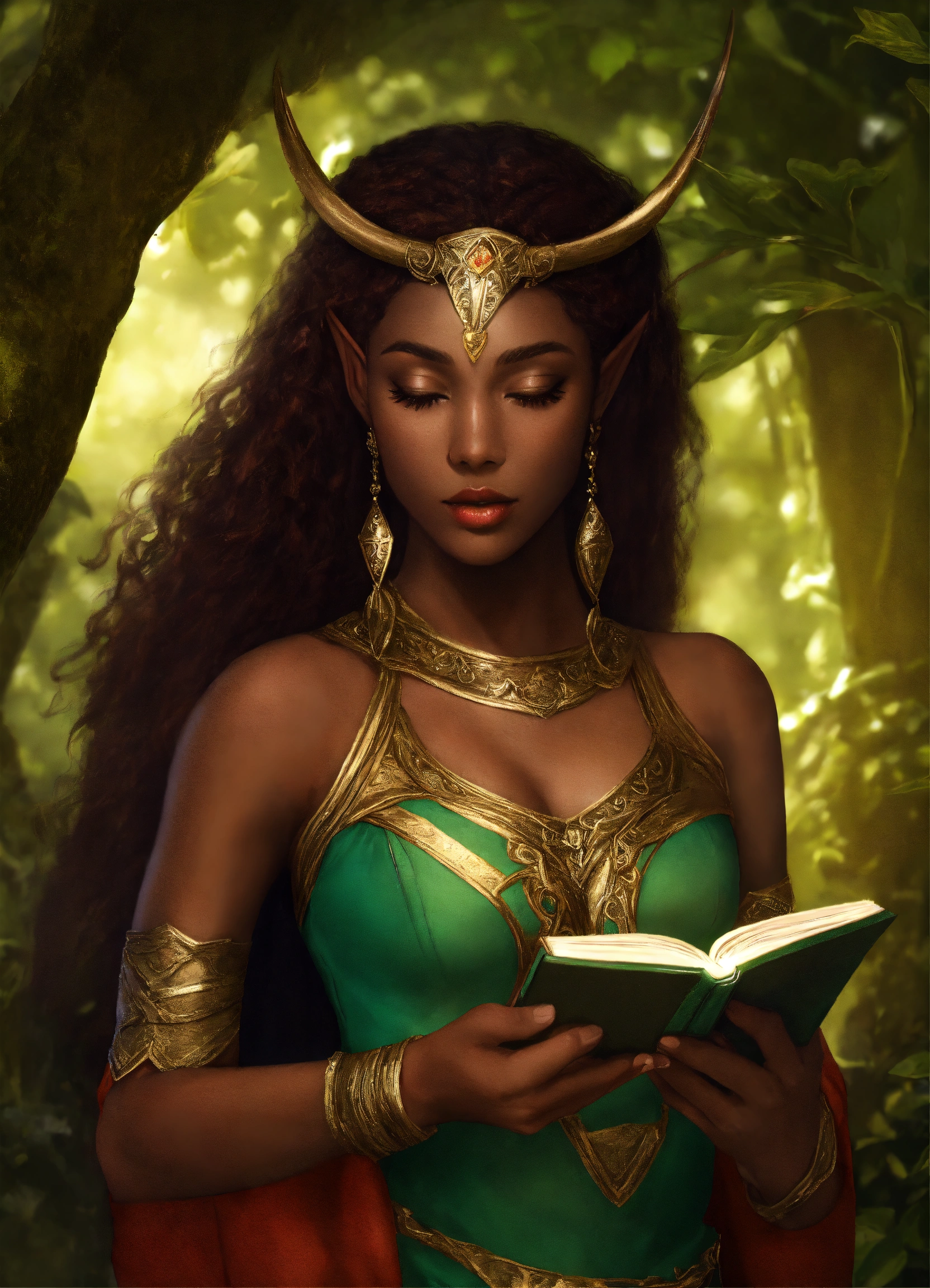 Lexica - Elf woman, fantasy, brown skin, book