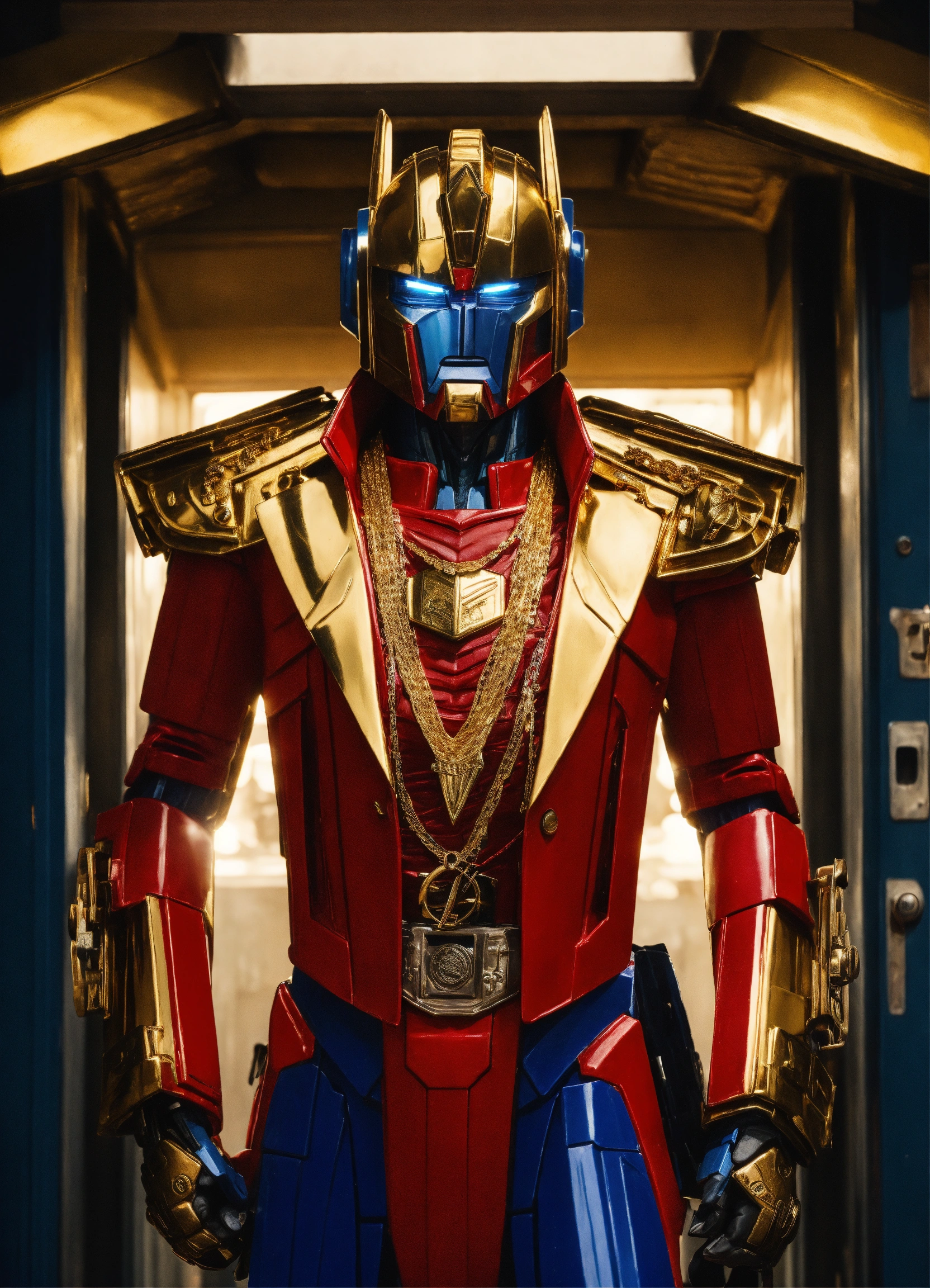 Lexica - Optimus Prime with large gold necklace, jacket, hat, at the ...
