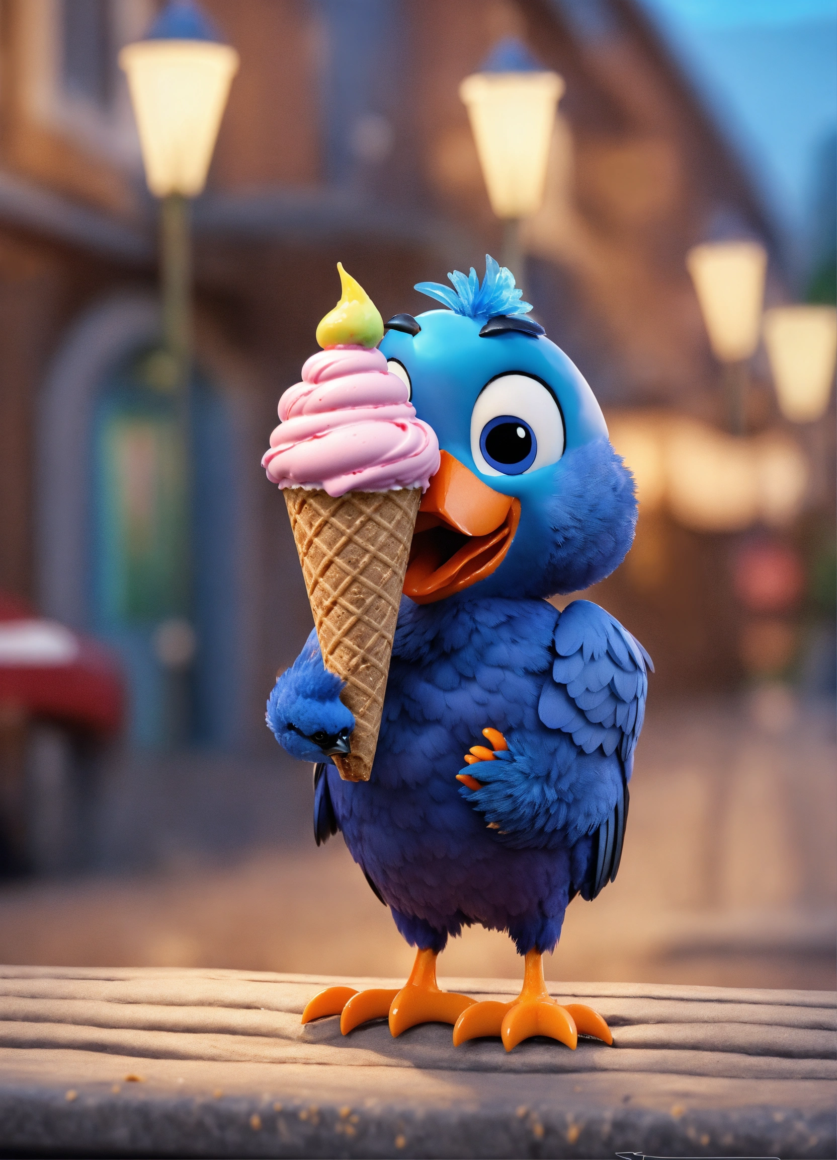Lexica - A cute 3D crow-like character eating ice-cream, charming ...