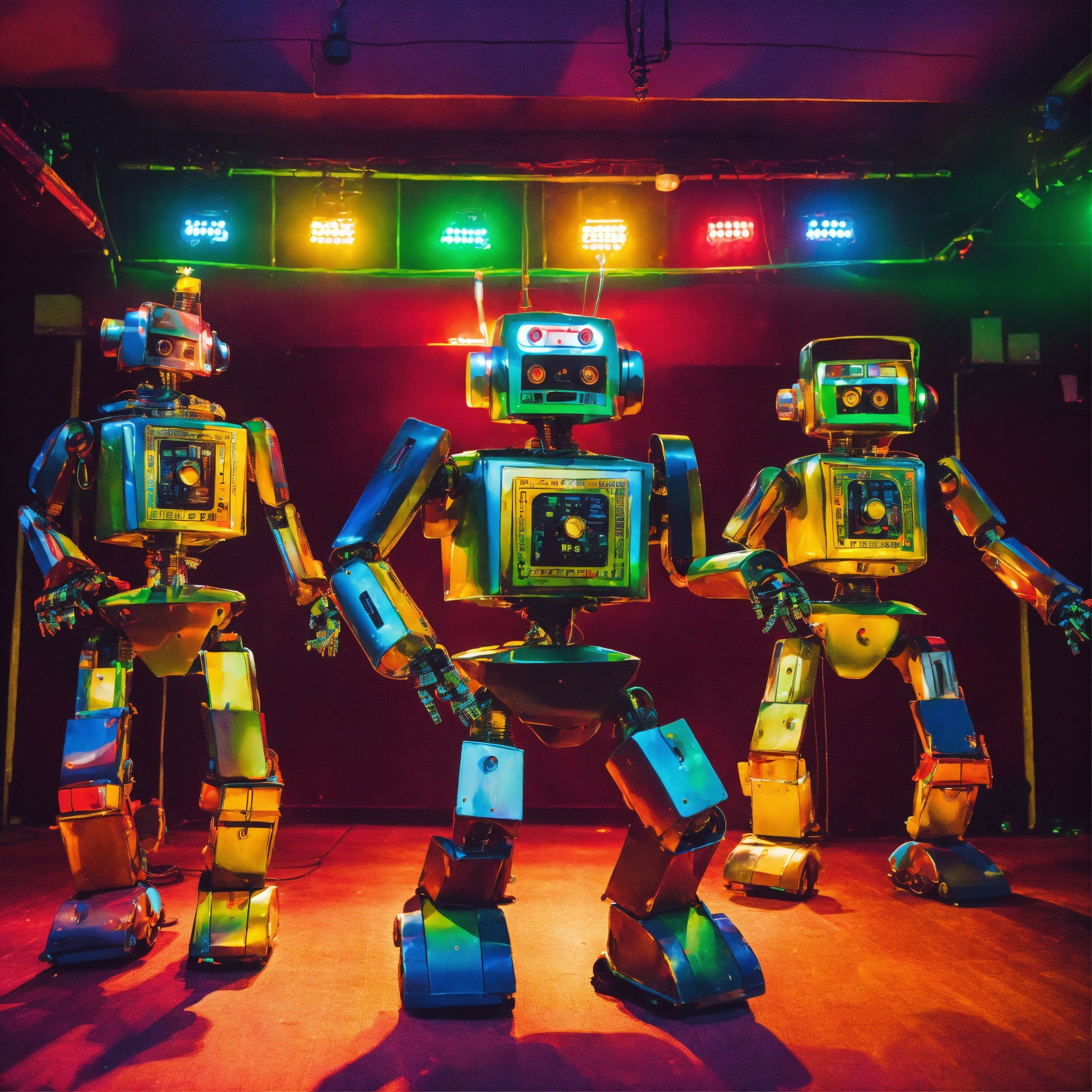 Lexica - Album cover. a group portrait of 3 robots on stage dancing at ...