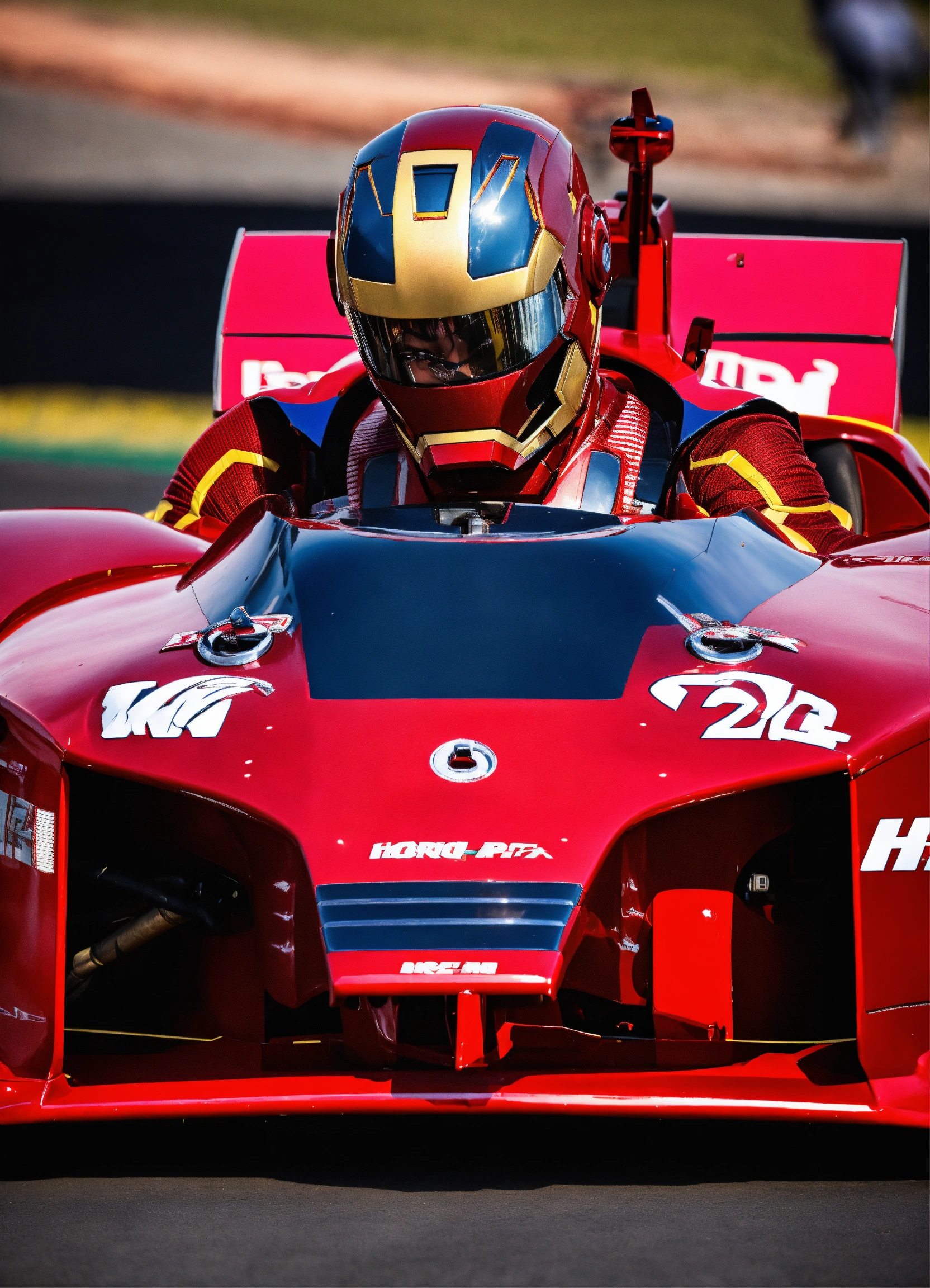 Lexica - Herói iron man, em pé, próximo ao carro de fórmula 1, em uma ...