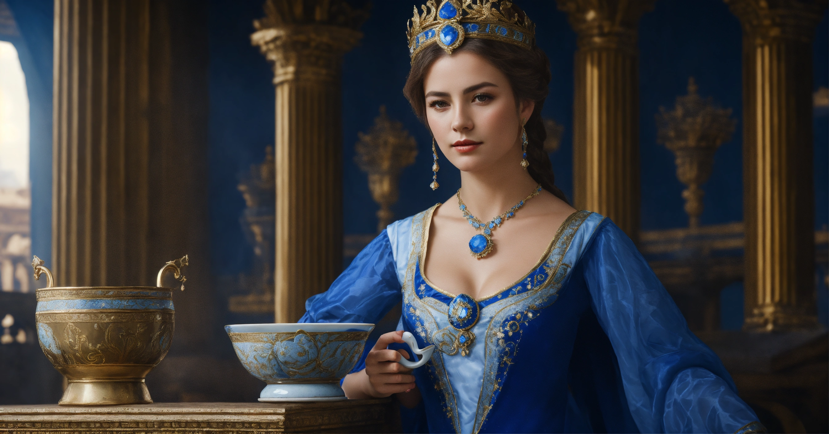 Lexica - Ancient princess European , wear blue costume, holding White ...