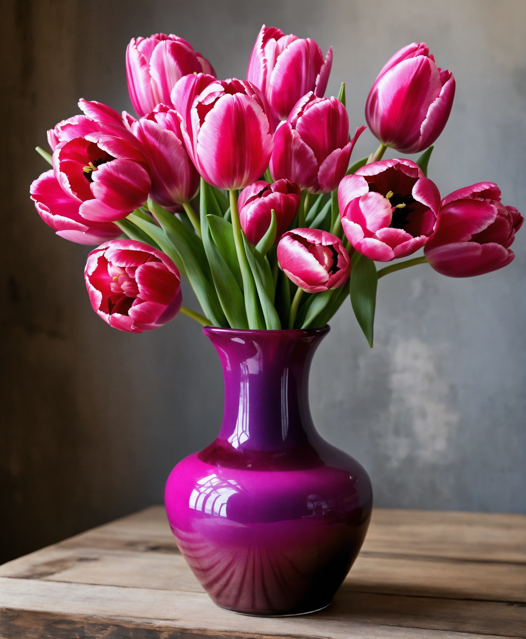 Lexica - Unique and bold vibrant magenta vase, tulips