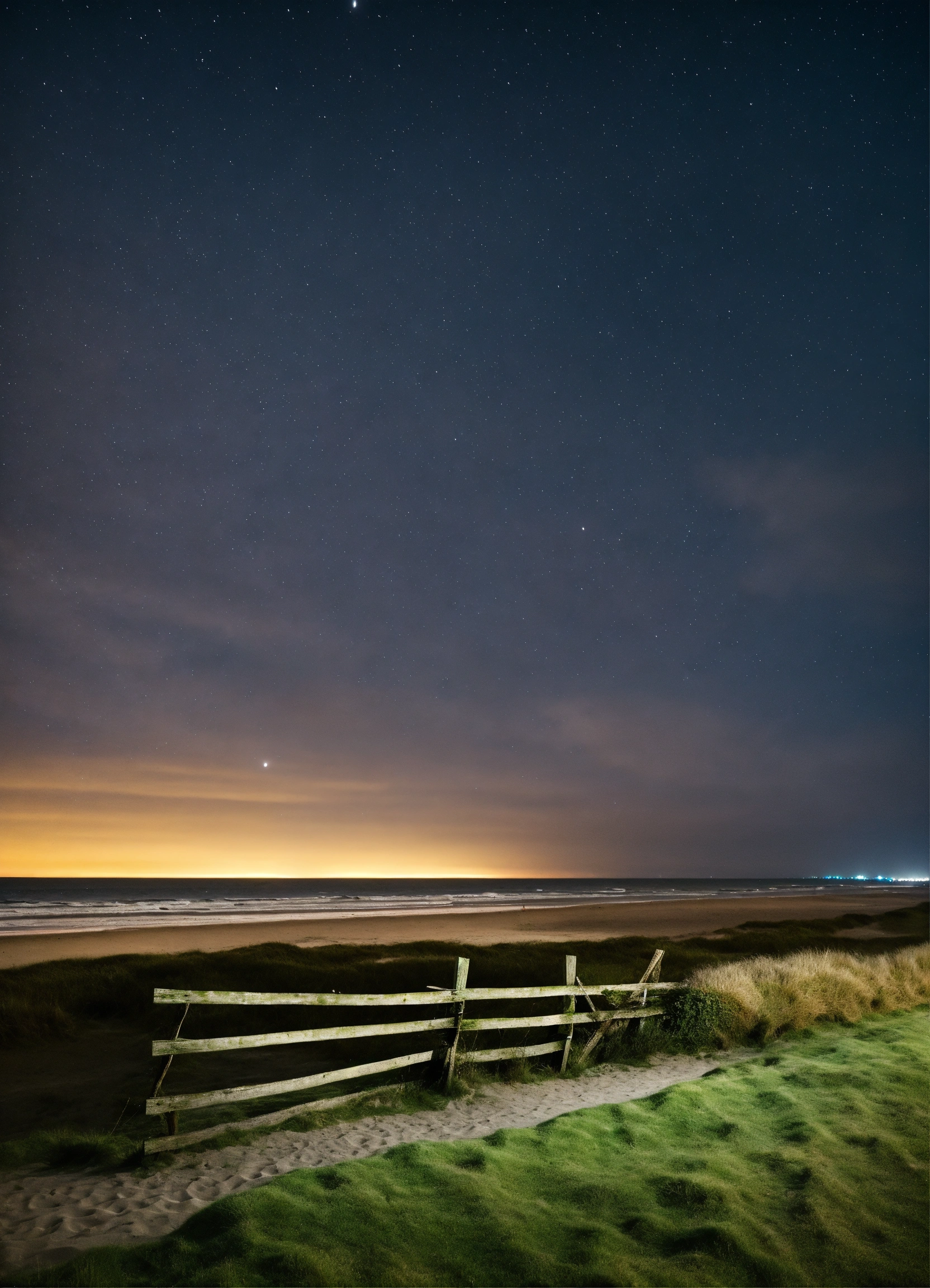 Lexica - Bleak north norfolk beach at night, old fence, view over sea