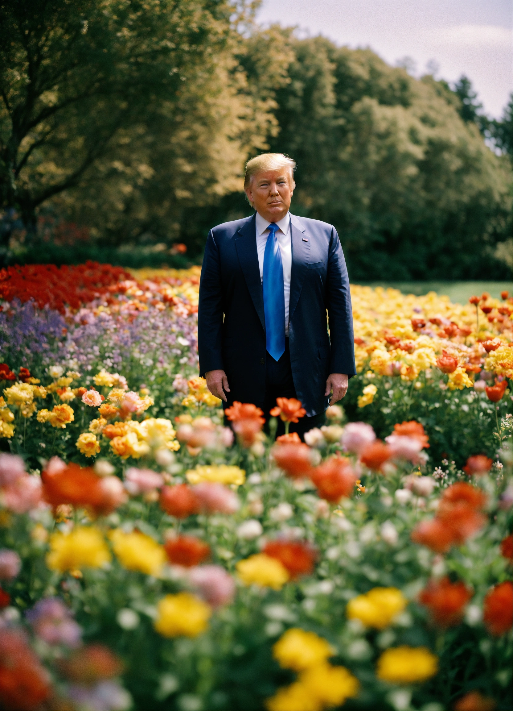 Lexica - Happy Donald Trump standing in a beautiful field of flowers ...