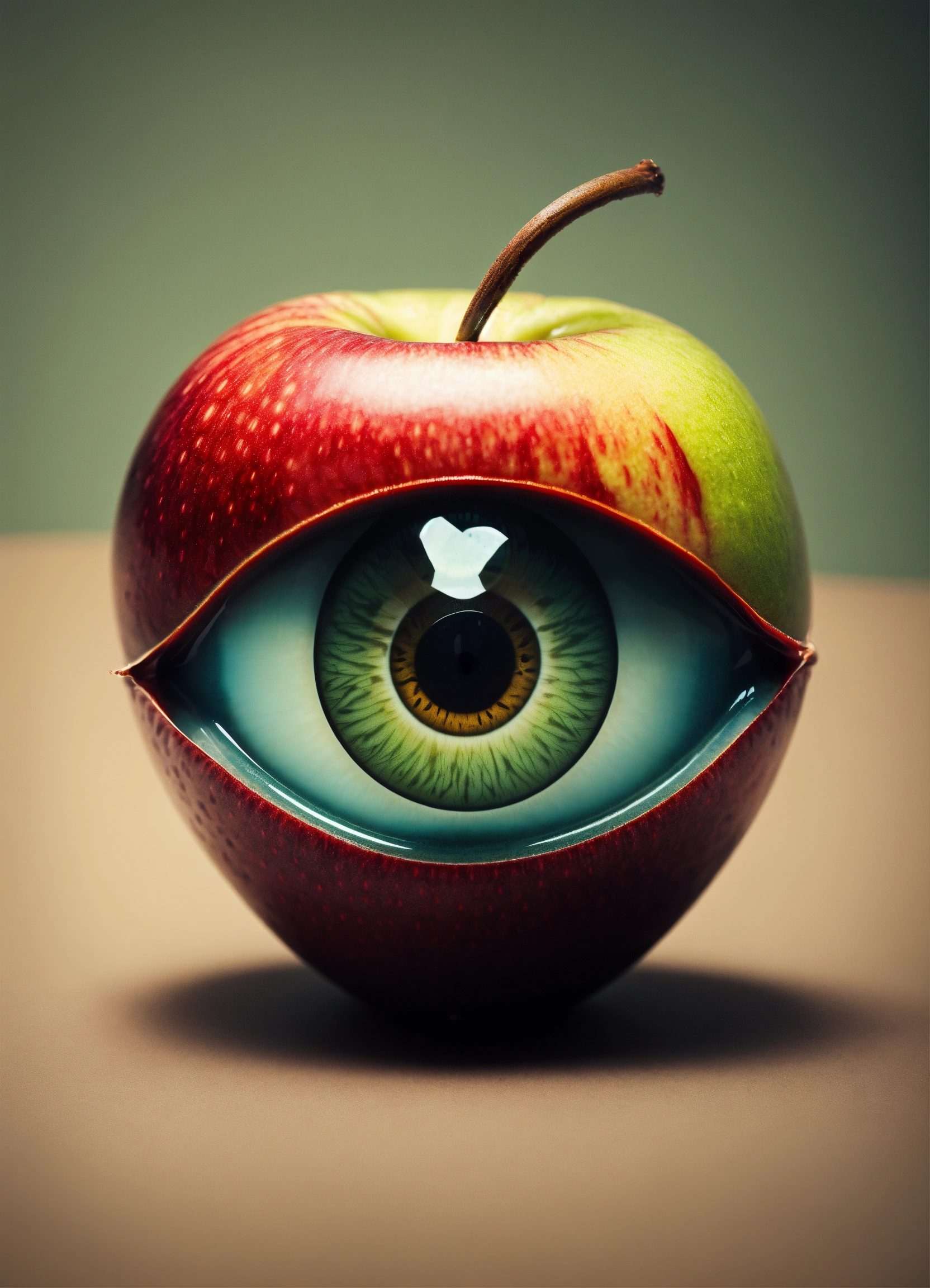 Lexica - Minimalistic a huge eye with a mini apple inside it, flat image