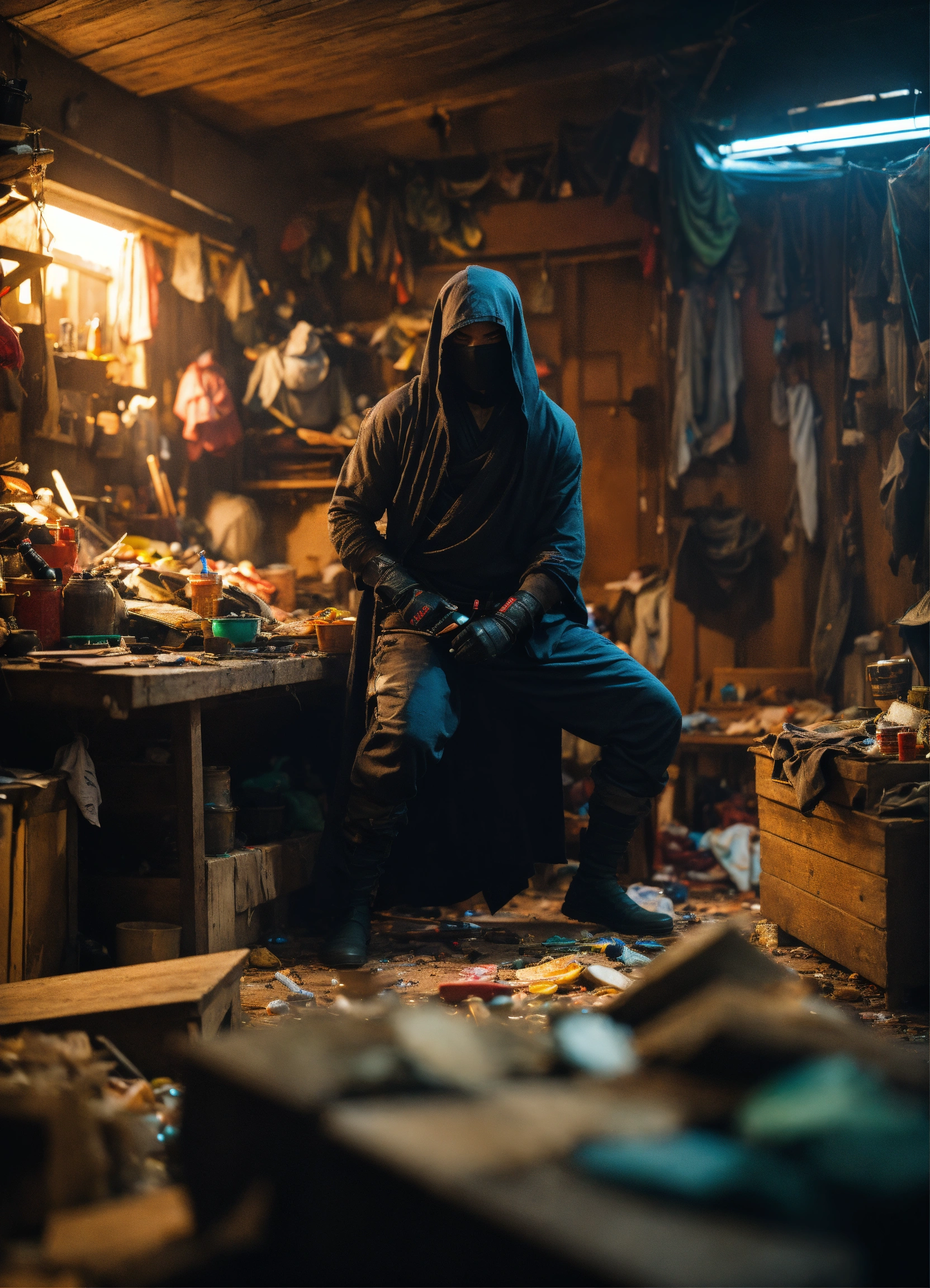 Lexica - Wide angle Environmental shot of ninja assassin in a cluttered ...