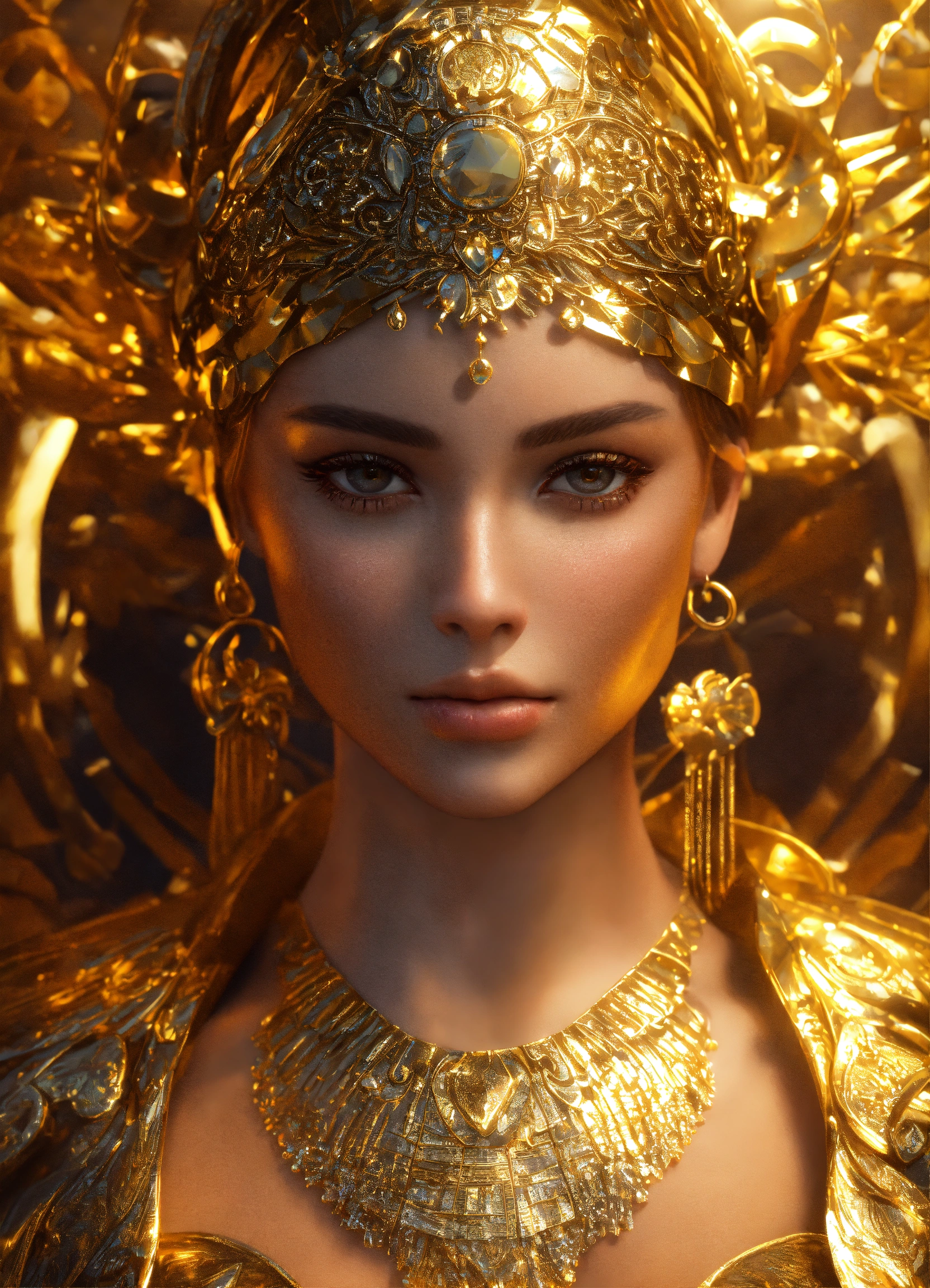Lexica - Golden woman face, perfection, icon, unreal, 3d engine, 32 k
