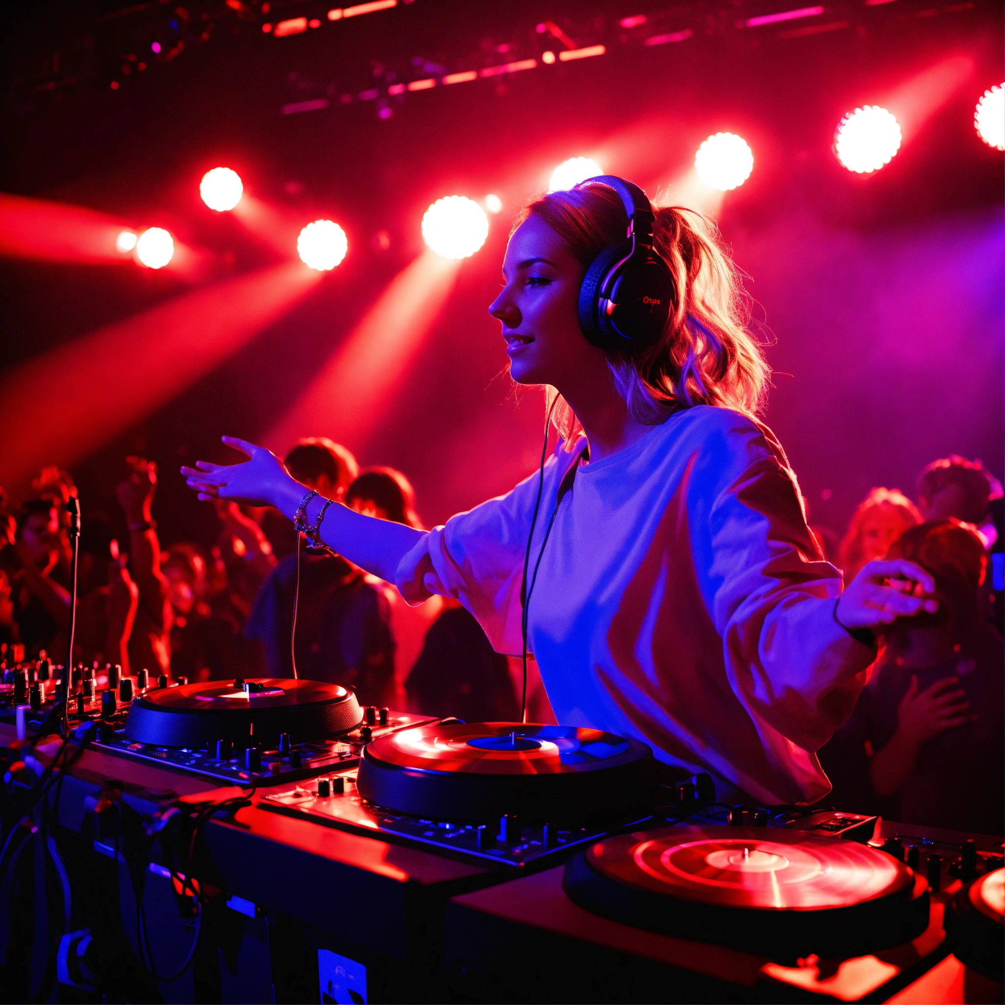 Lexica - Woman DJing at a concert, bright red light behind her, hands ...