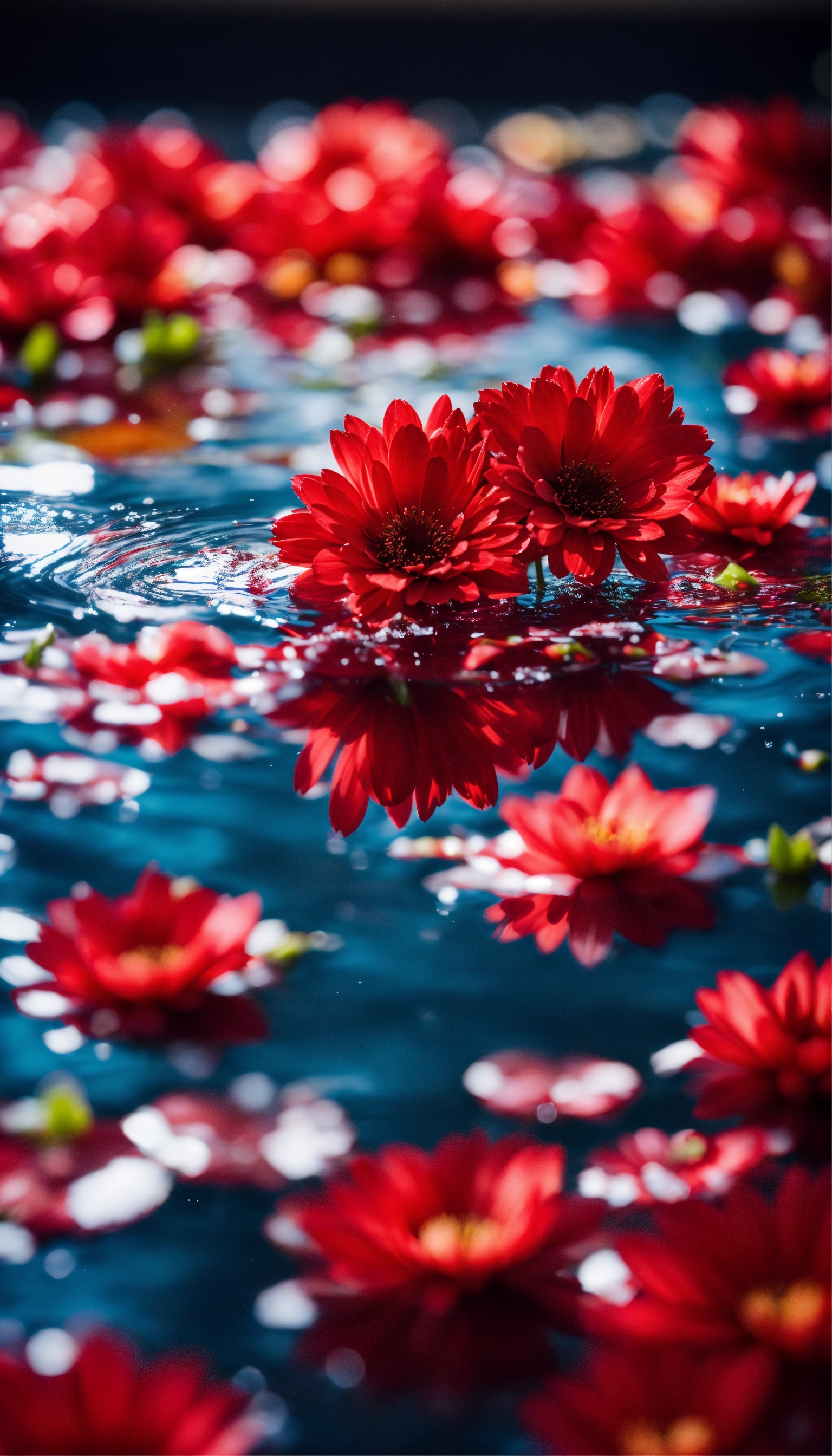 Lexica - Red flowers floating on top of the water, flowers everywhere ...