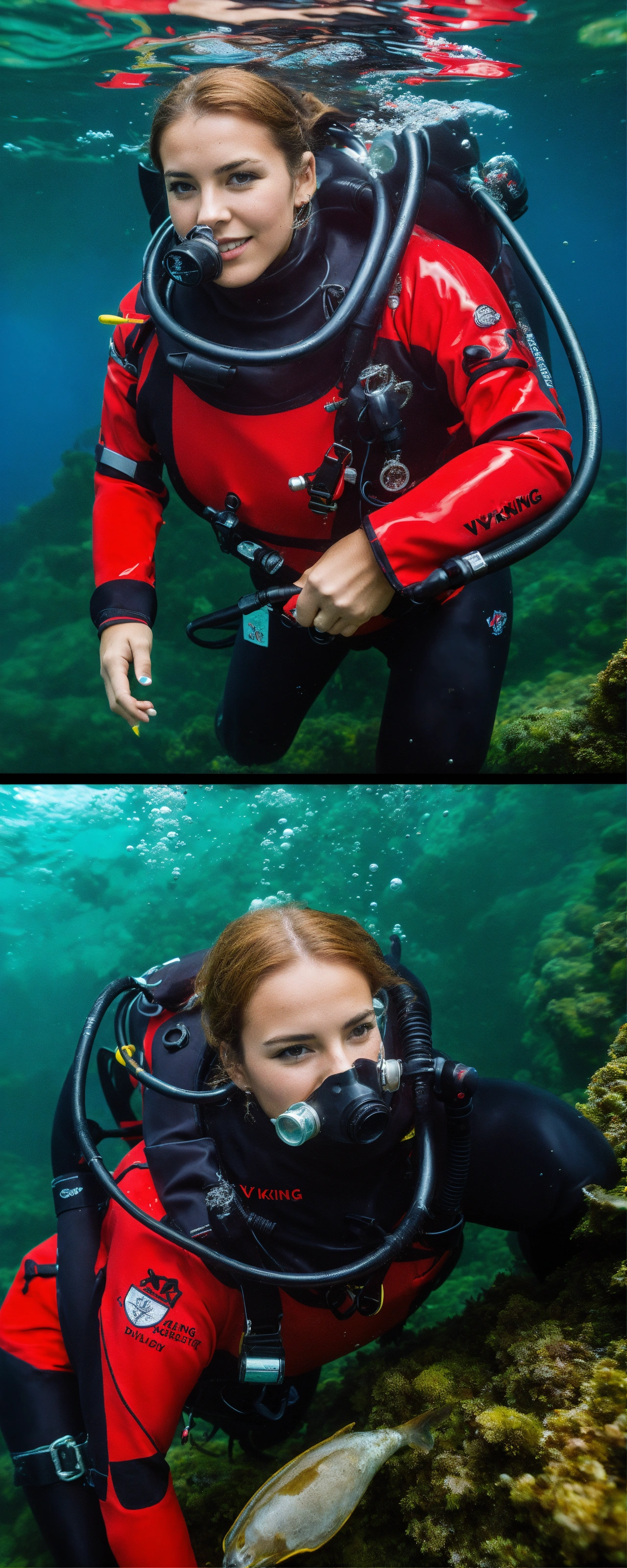 Lexica - Female diver in red and black glossy viking drysuit