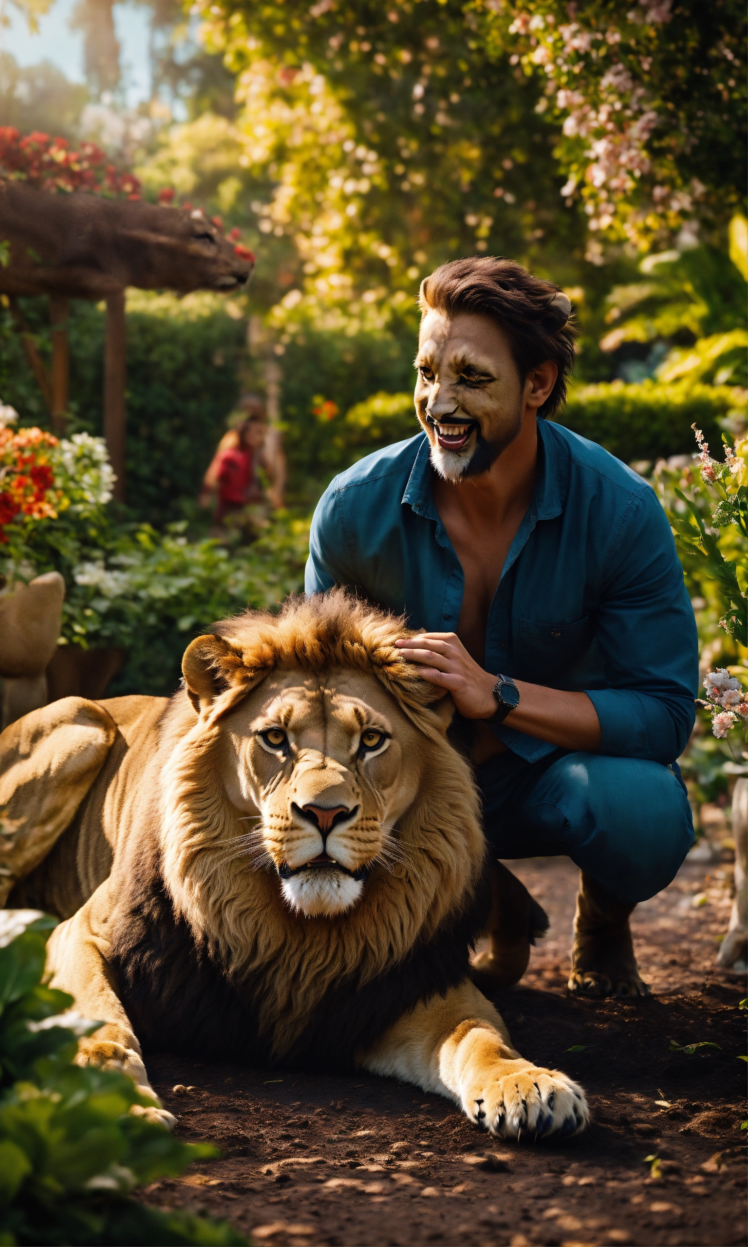 Lexica - A happy man playing with a lion in a garden, a lot of animals ...