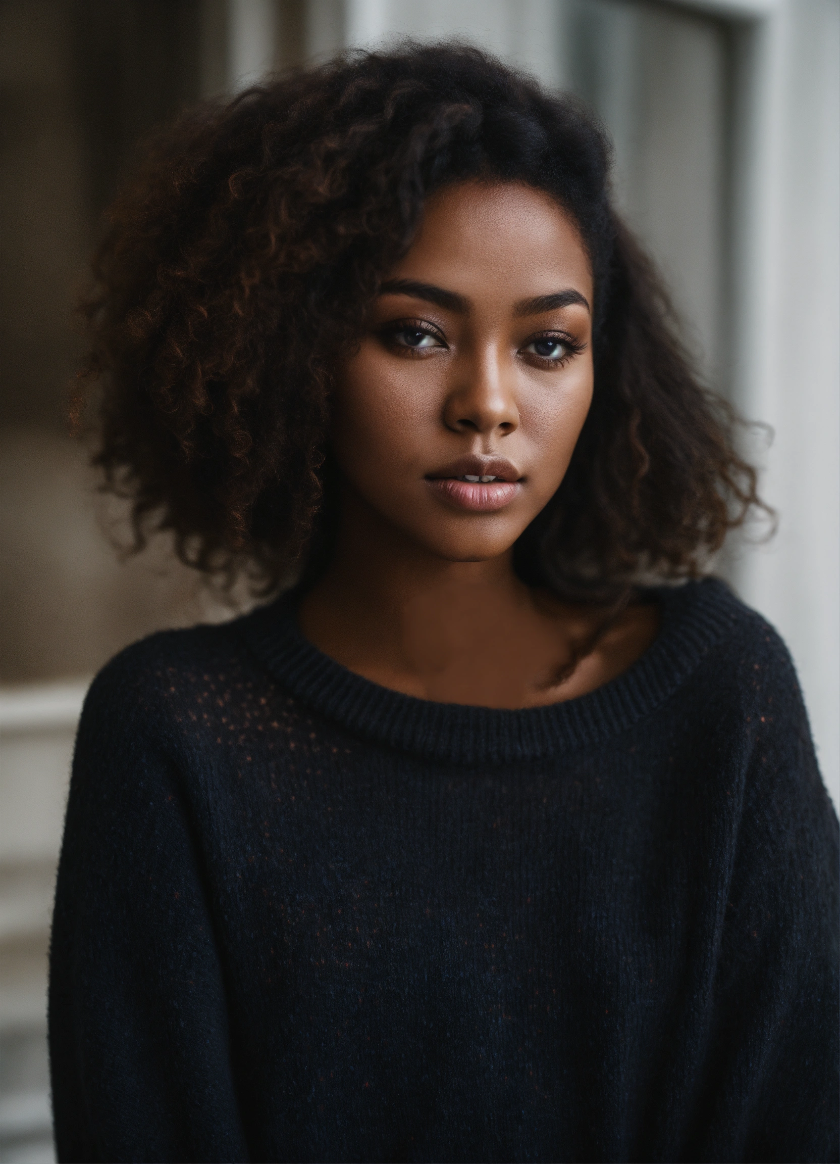 Lexica - Beautiful Black Female, hazy look, slouchy sweater, facing camera