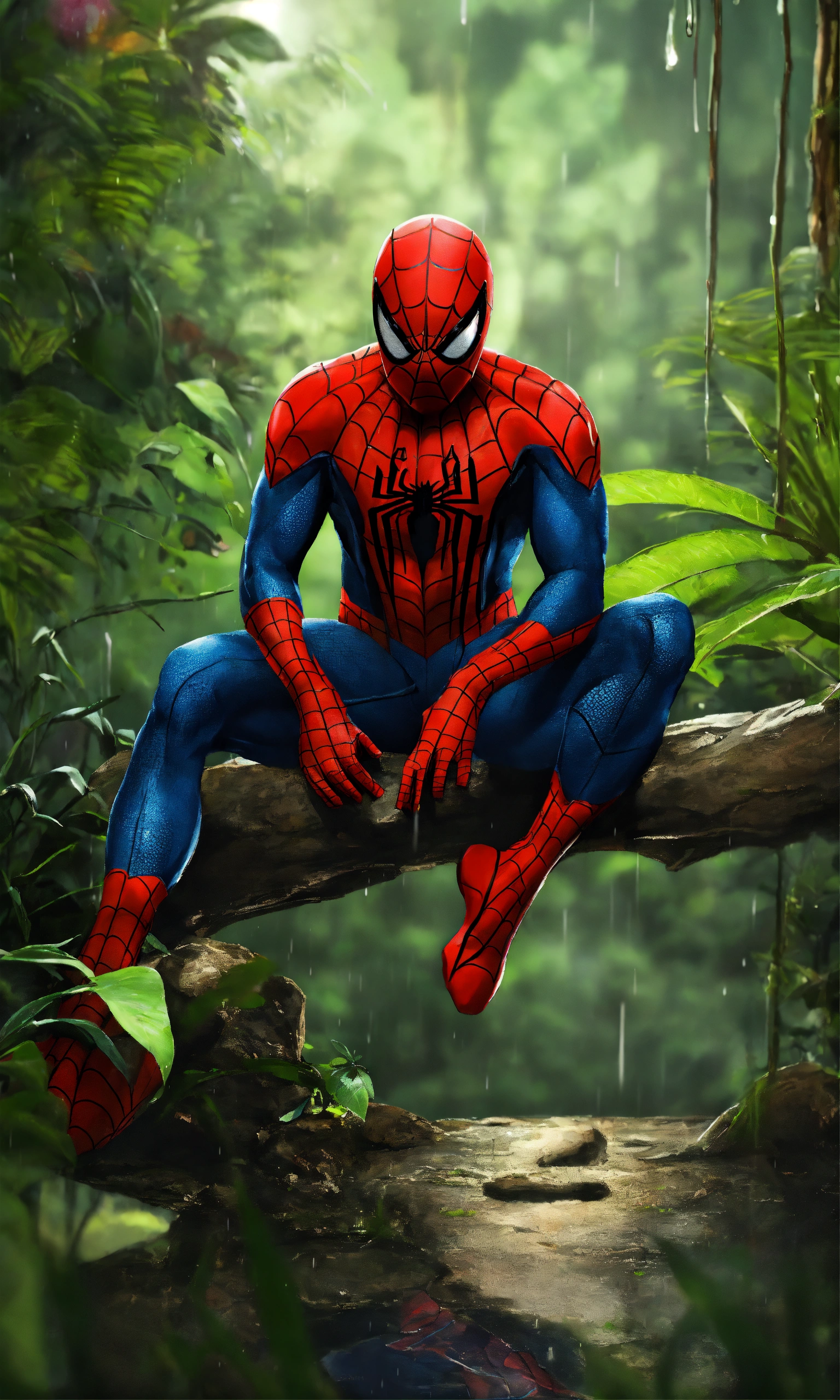 Lexica - Spiderman in the jungle, nature background, 2D render, sitting ...