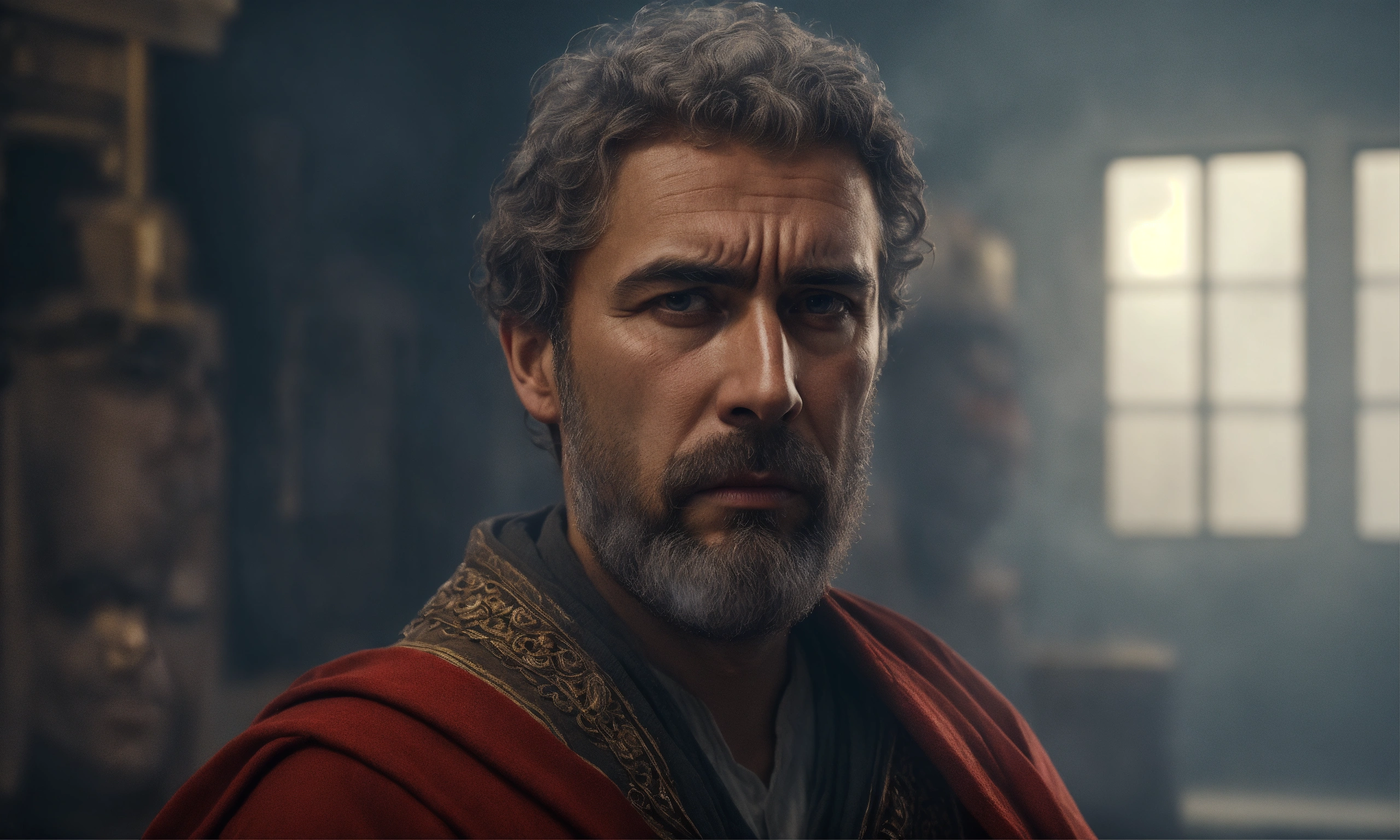 Lexica - Portrait of a stoic man, looks at the camera, clear background ...