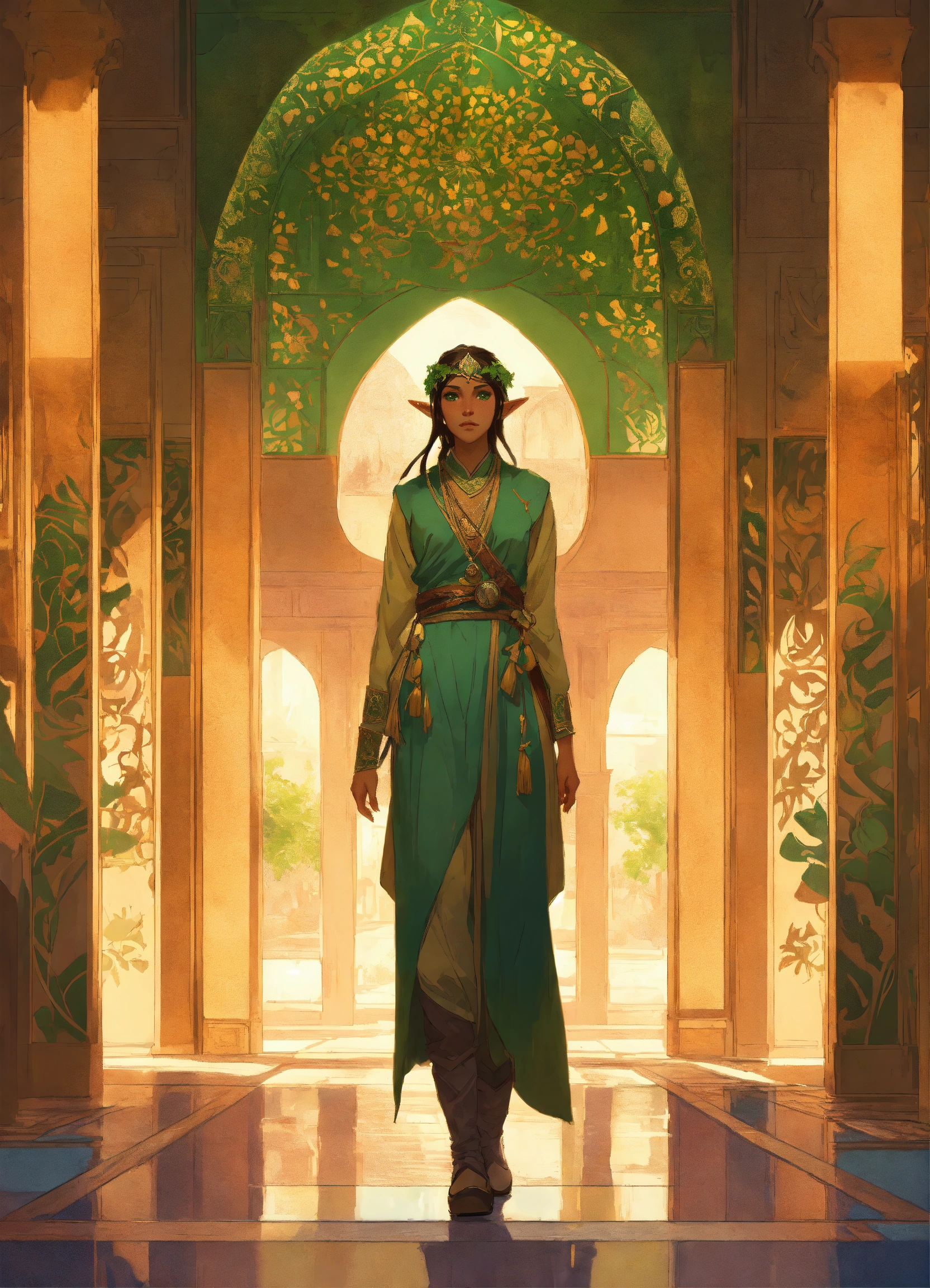 Lexica - Female elf timurid sorcerer, Turkish, green eyes, tan skin ...