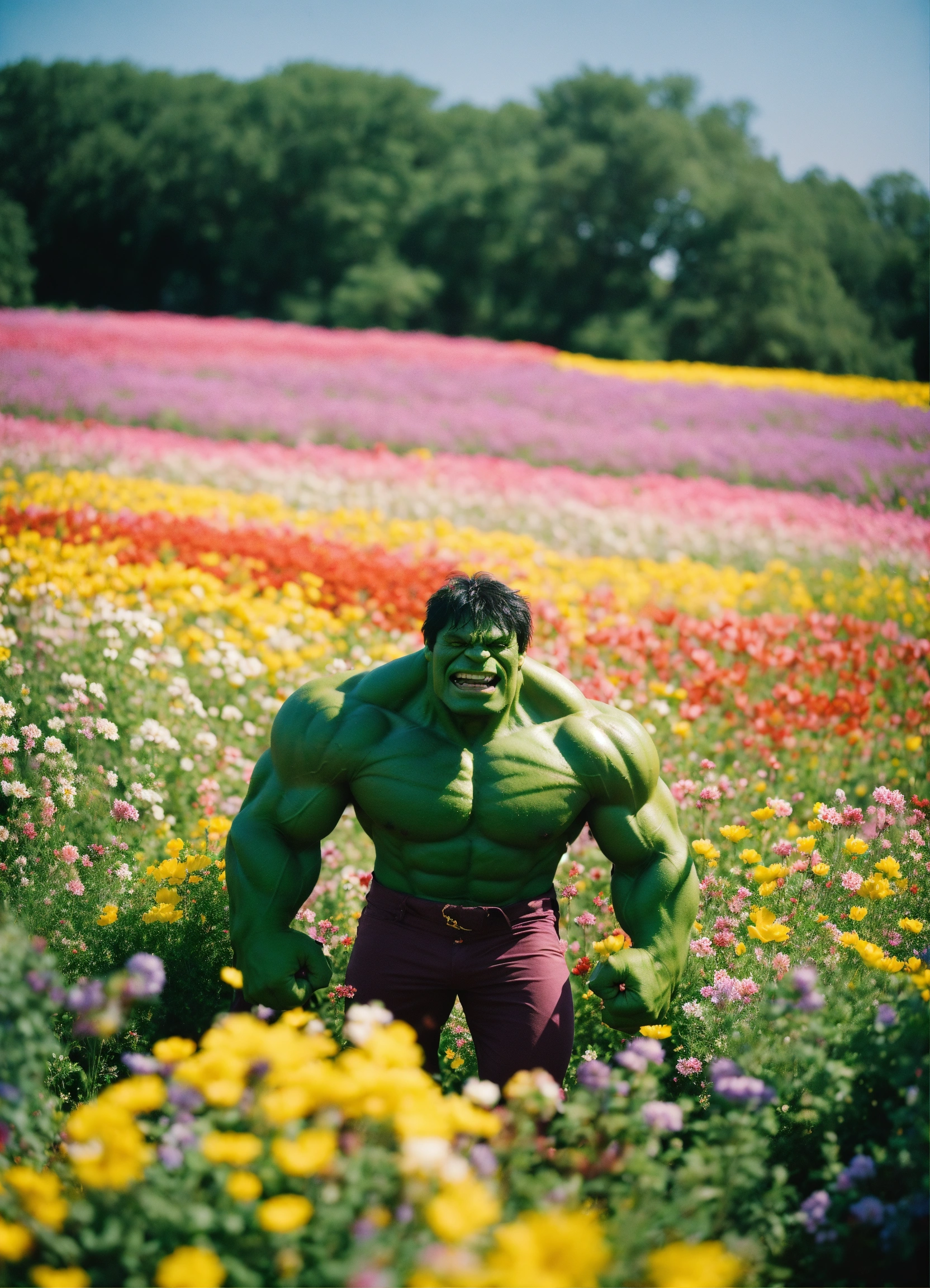 Lexica - Happy Hulk standing in a beautiful field of flowers, colorful ...