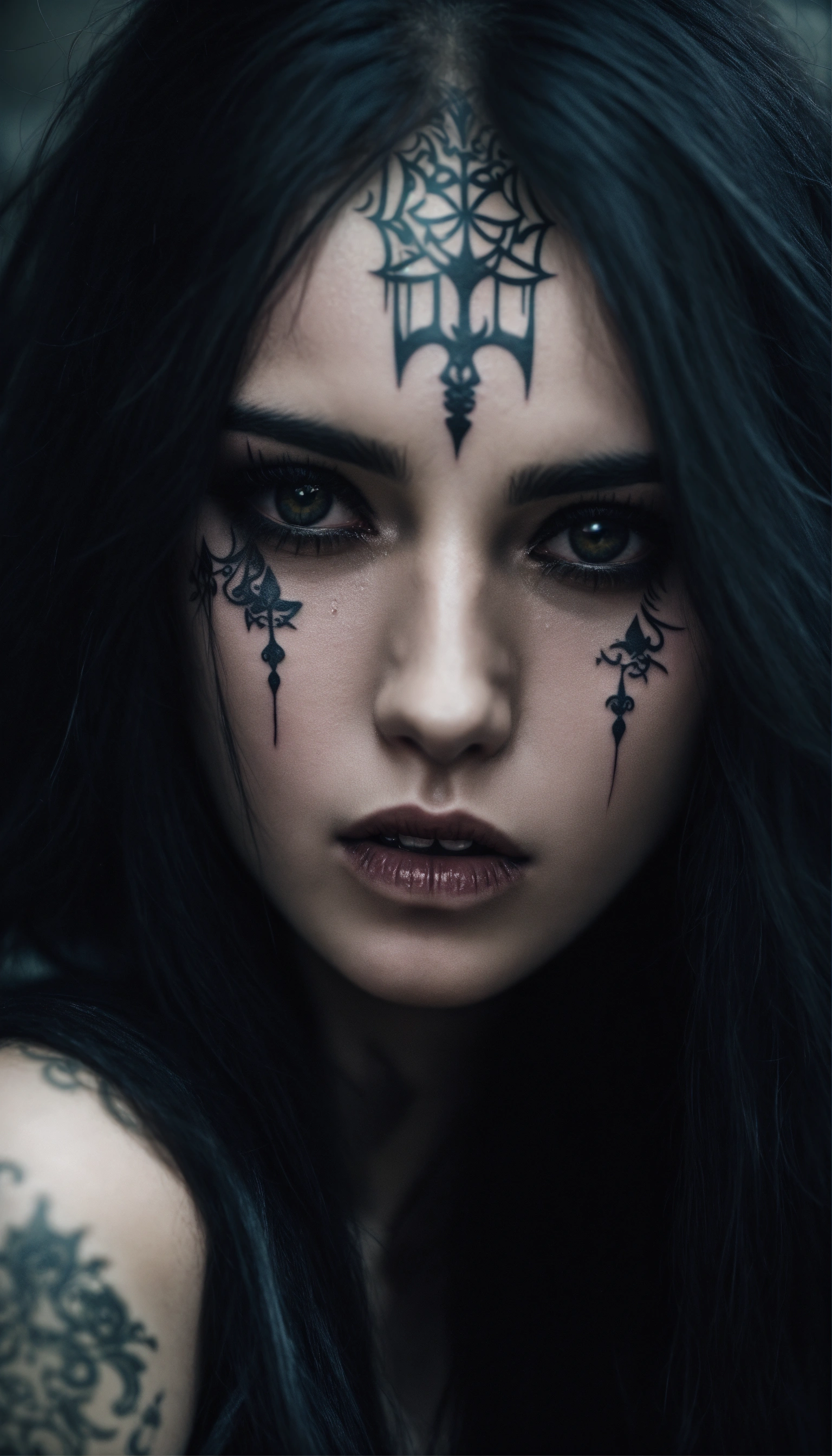 Lexica - A scary girl, close up face, pale skin, long crazy black hair ...