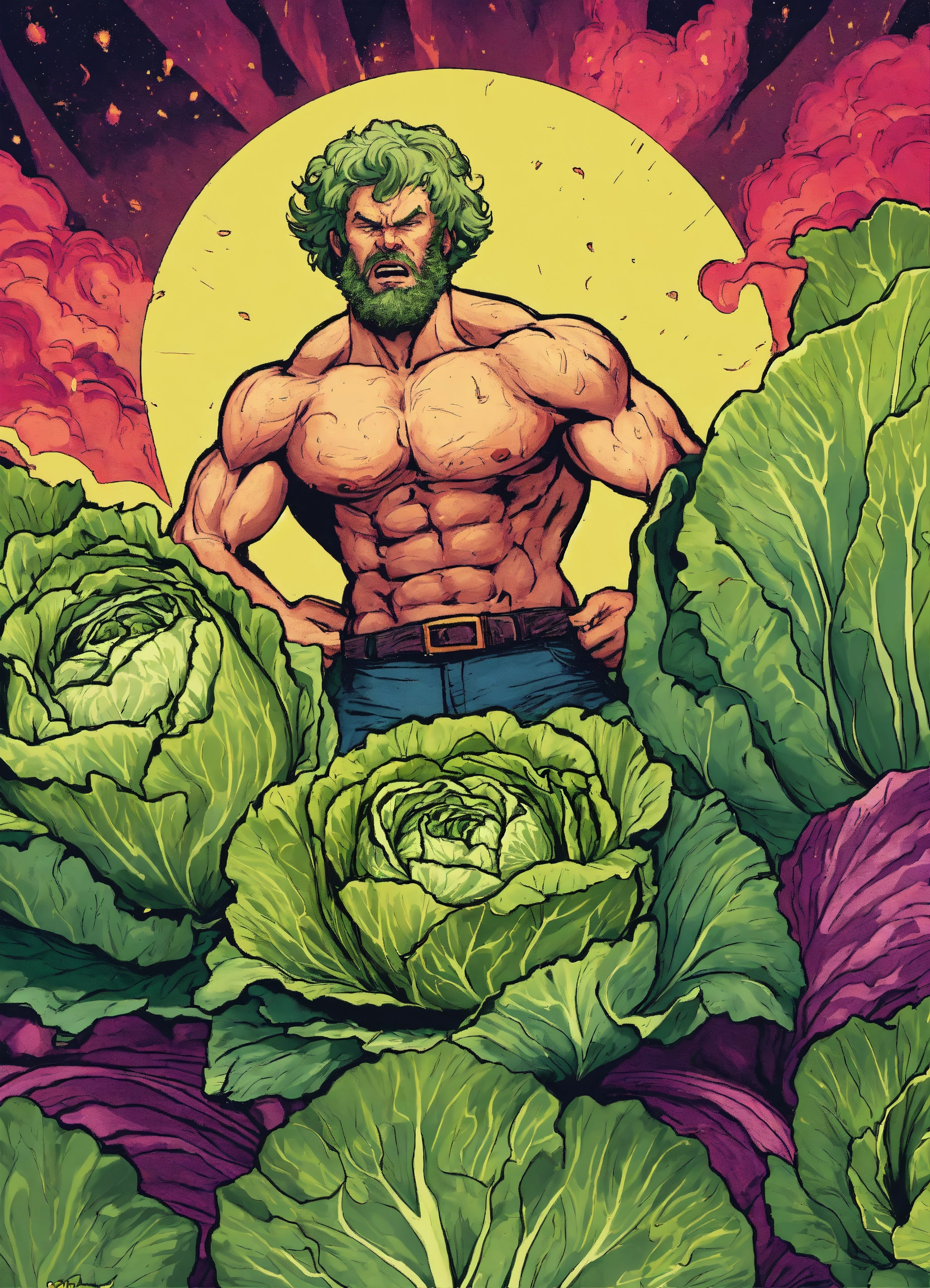 Lexica - An aggressive man get into the cabbage. comics, psychedelic background
