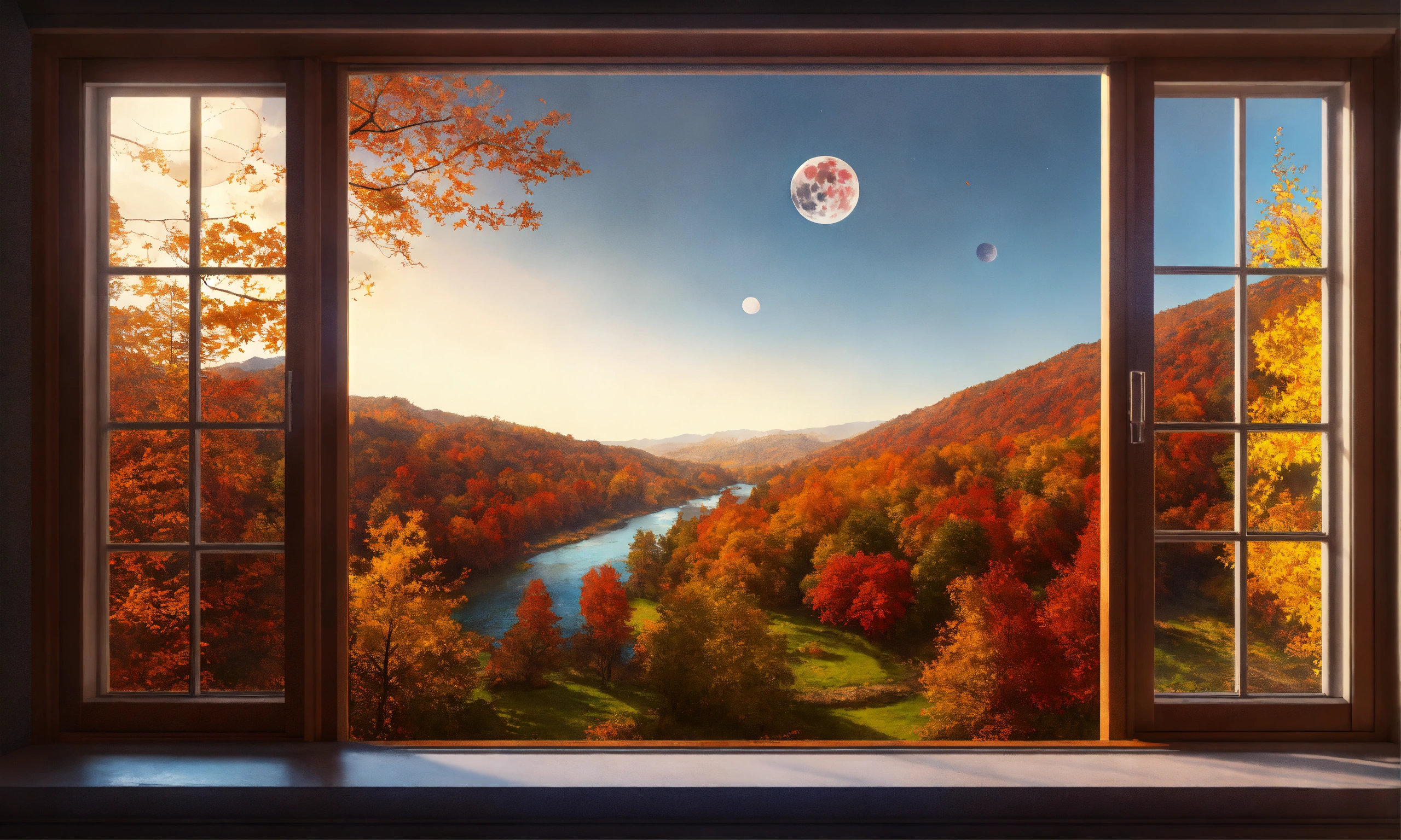 Lexica - Looking out through a window overlooking a valley with a river ...