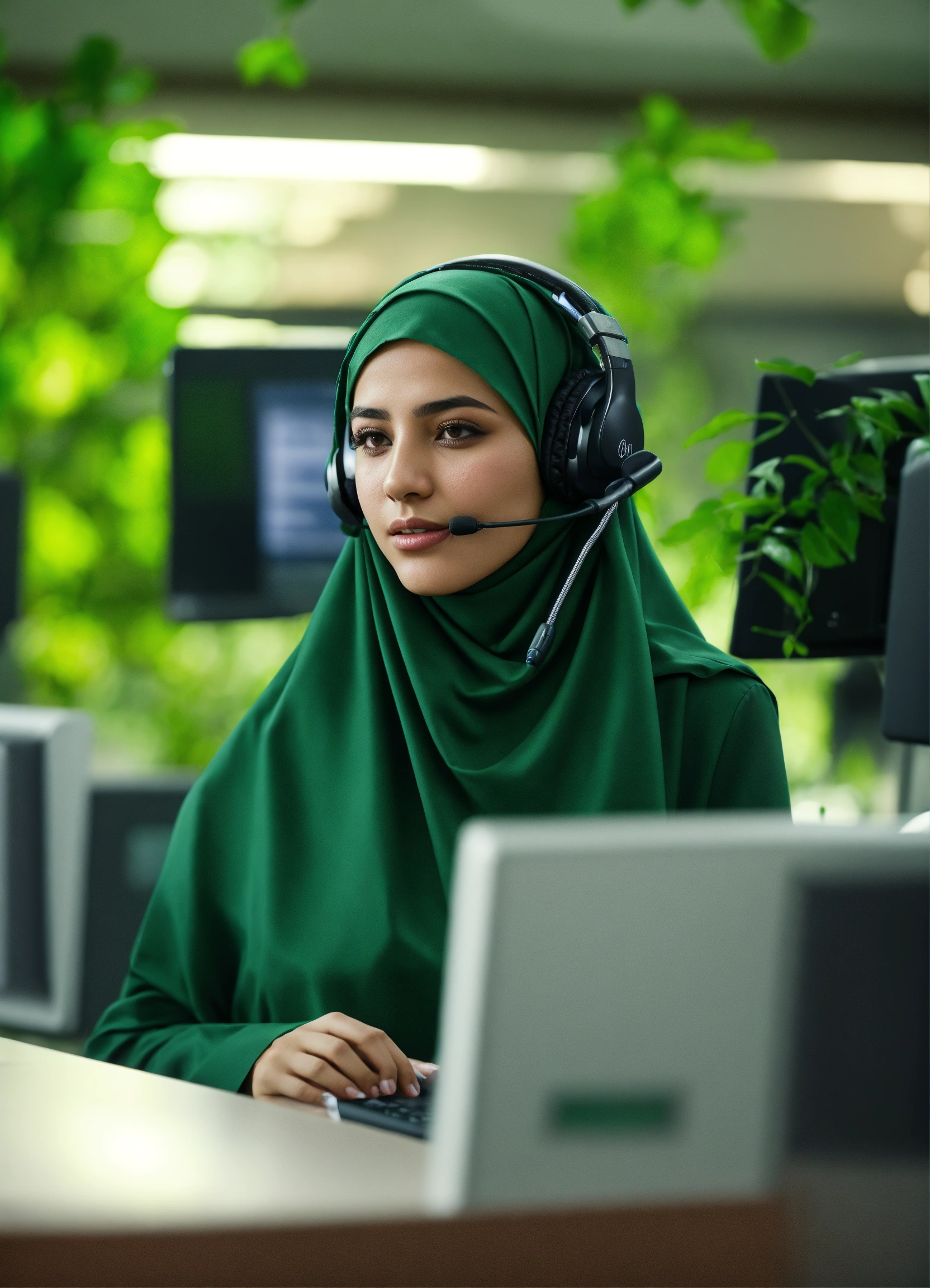 Lexica - Saudi women, in call center, head phone, veiled, green ...