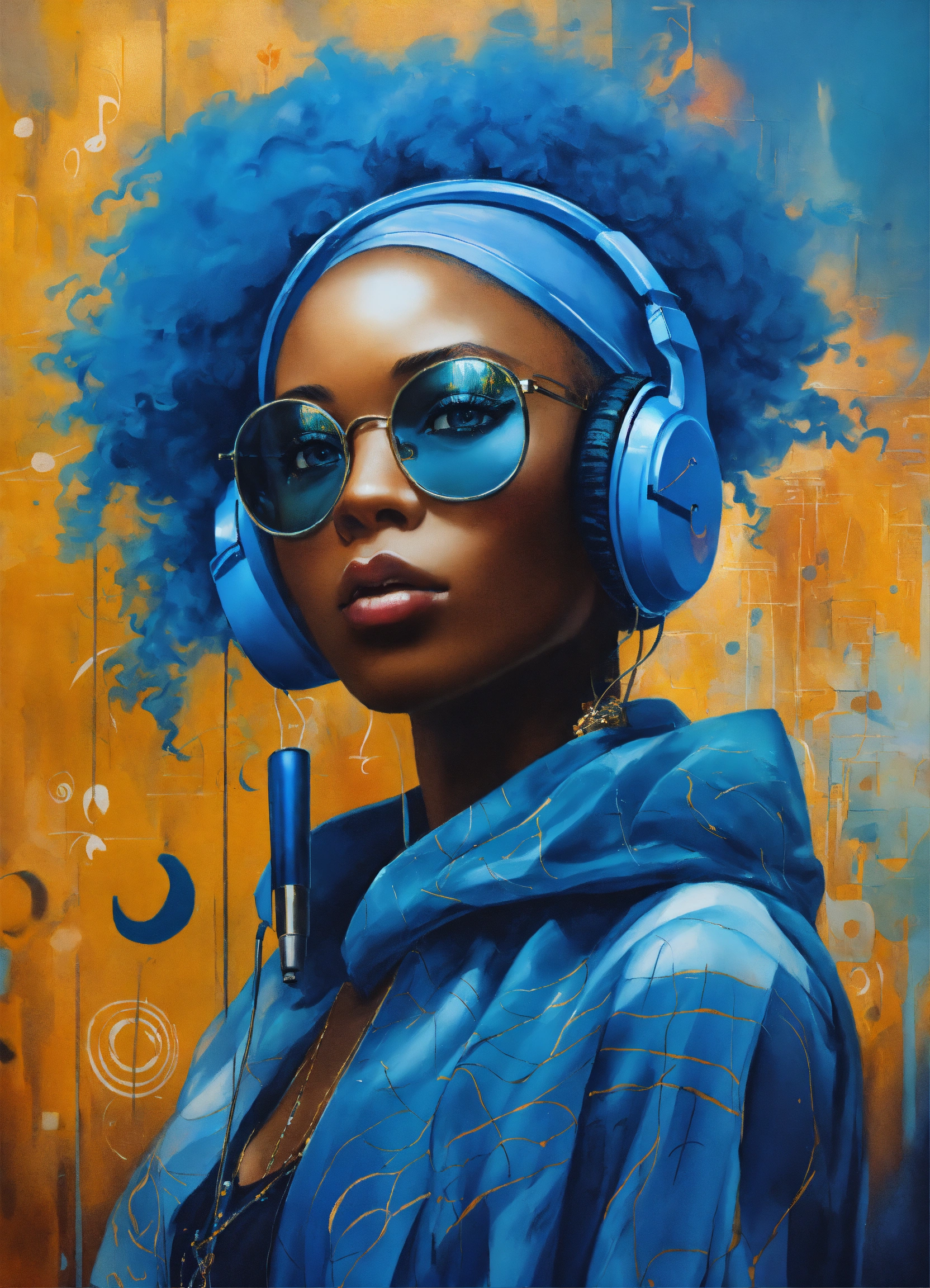 Lexica - A beautiful woman with blue hair and music notes, an airbrush ...